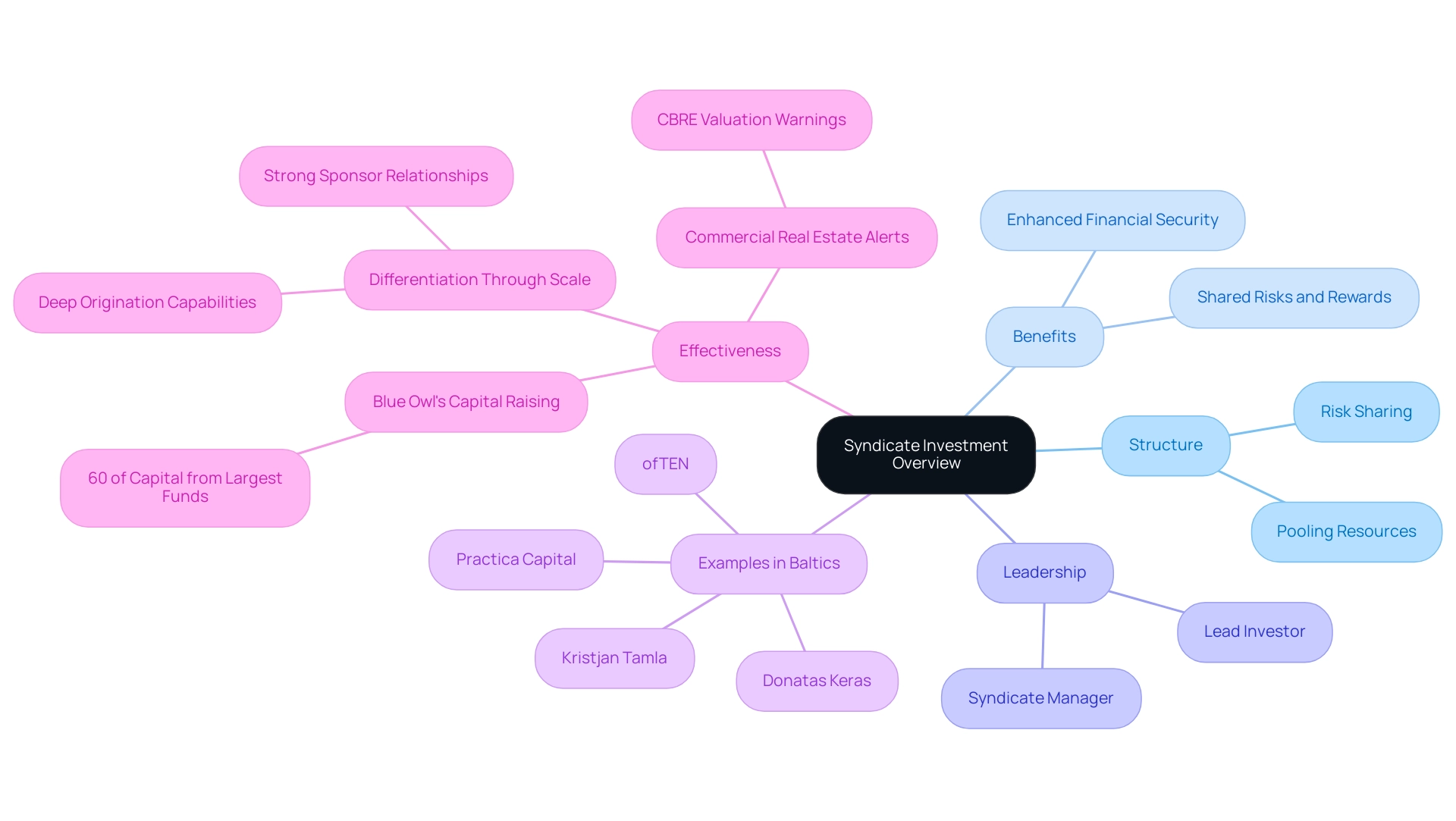 Each color represents a different aspect of syndicate investment: blue for structure, green for benefits, orange for leadership, purple for regional examples, and red for effectiveness.