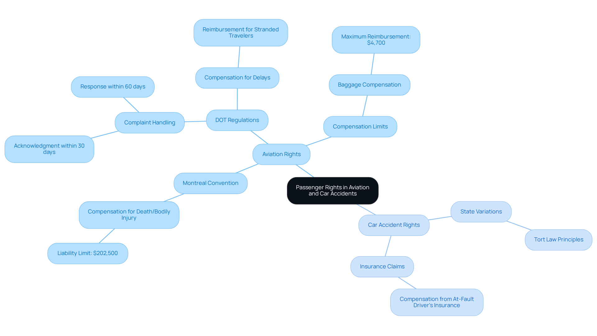 The central node represents the overall topic, while the branches show the two main areas of passenger rights. Each sub-branch provides specific details about the laws and processes involved, helping you understand the differences and similarities.