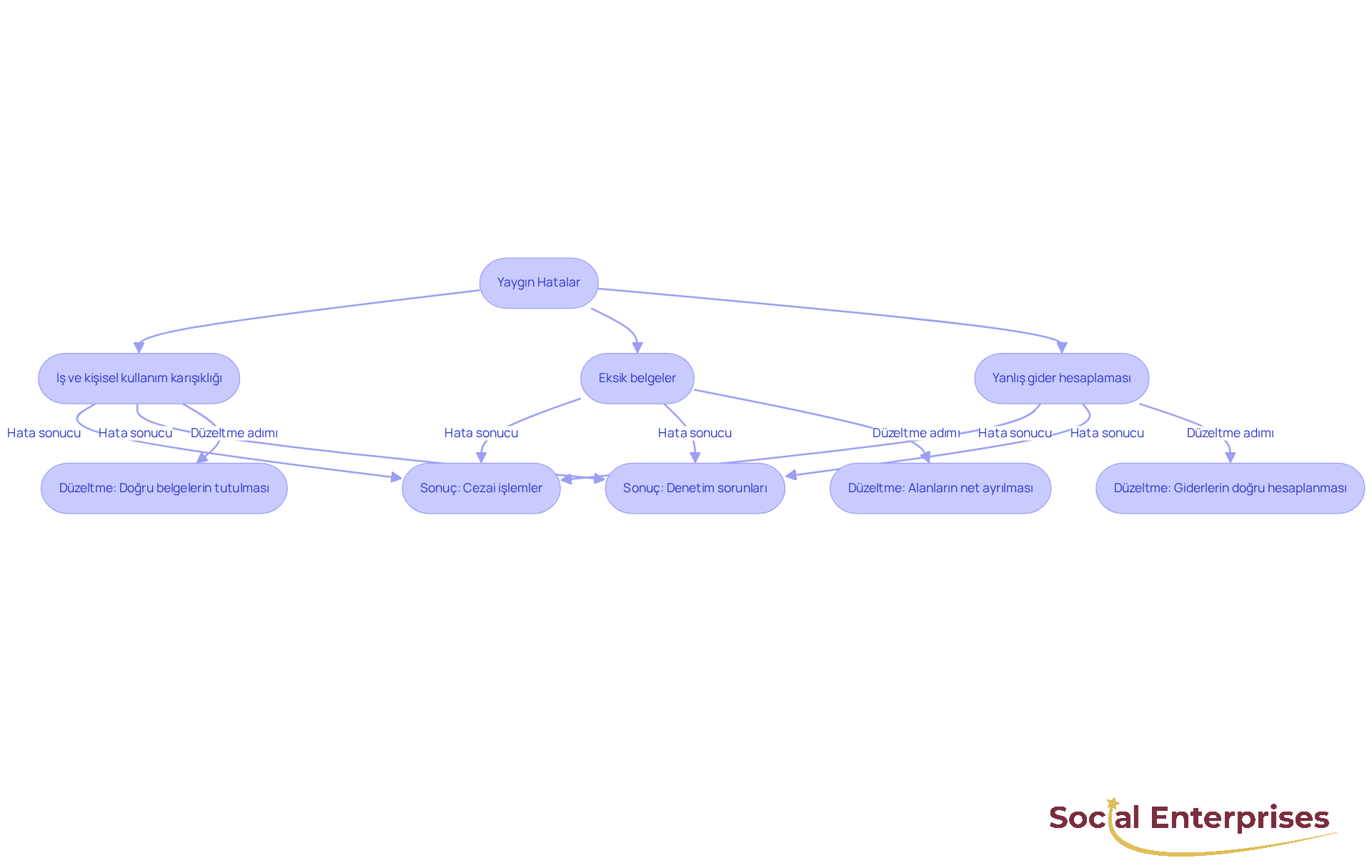 Her kutu, yaygın bir hatayı temsil eder. Oklar, hatalardan sonra gelen sonuçları ve düzeltme adımlarını gösterir. Bu şekilde, hataların nasıl düzeltileceğini ve hangi adımların izlenmesi gerektiğini kolayca görebilirsiniz.