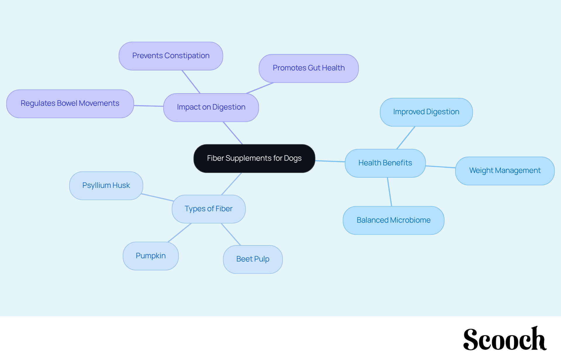 The central node represents fiber supplements, while the branches show how they benefit dogs' health, the types available, and their effects on digestion. Follow the branches to explore each aspect of this topic.