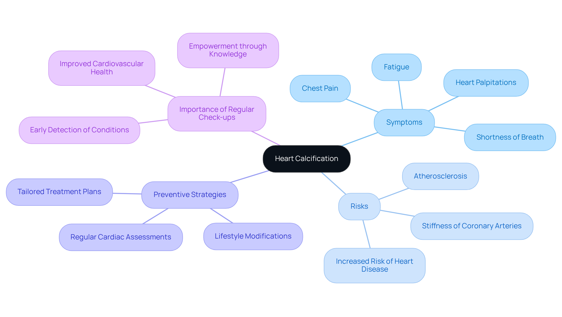 This mindmap helps you visualize the key aspects of heart calcification. Start at the center with the main topic, then explore the branches to see symptoms, risks, and preventive strategies. Each branch shows how these elements connect to the overall importance of heart health for seniors. This mindmap helps you visualize the key aspects of heart calcification. Start at the center with the main topic, then explore the branches to see symptoms, risks, and preventive strategies. Each branch shows how these elements connect to the overall importance of heart health for seniors.