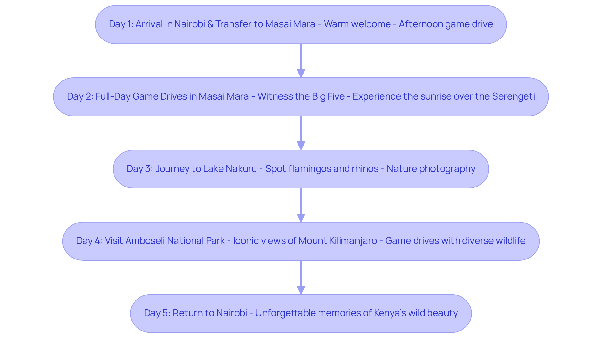 Each box represents a day of your safari adventure. Follow the arrows to see how your journey unfolds, from arrival to exploring iconic locations and wildlife.