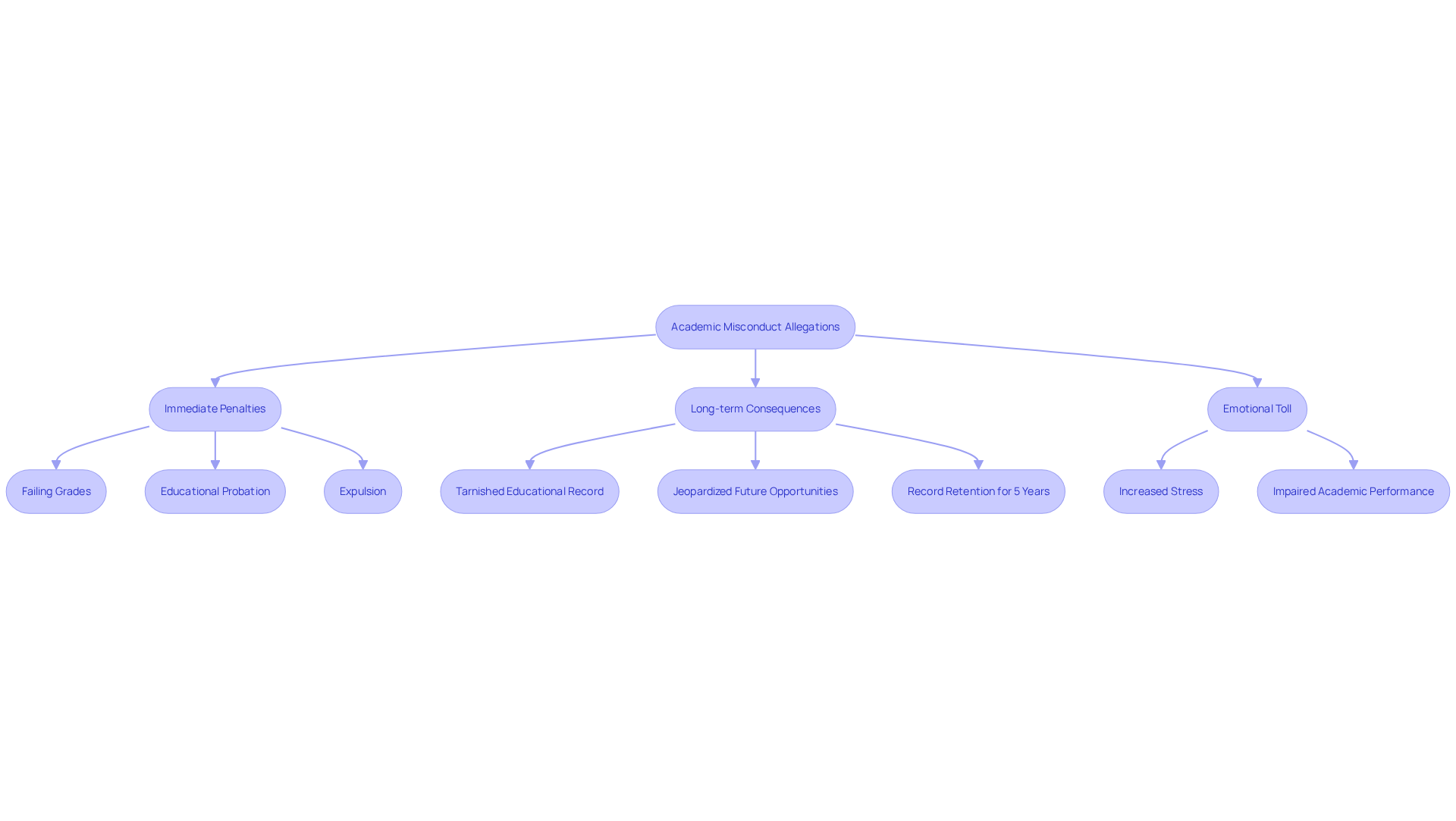 This flowchart shows how allegations of academic misconduct can lead to immediate penalties, long-term consequences, and emotional impacts. Follow the arrows to see how each consequence connects to the next.