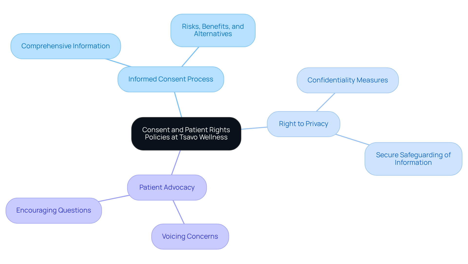 The center node represents the overall commitment to patient rights, while the branches depict specific policies that enhance patient engagement and safety. Each sub-point provides a glimpse into what each policy entails. The center node represents the overall commitment to patient rights, while the branches depict specific policies that enhance patient engagement and safety. Each sub-point provides a glimpse into what each policy entails.