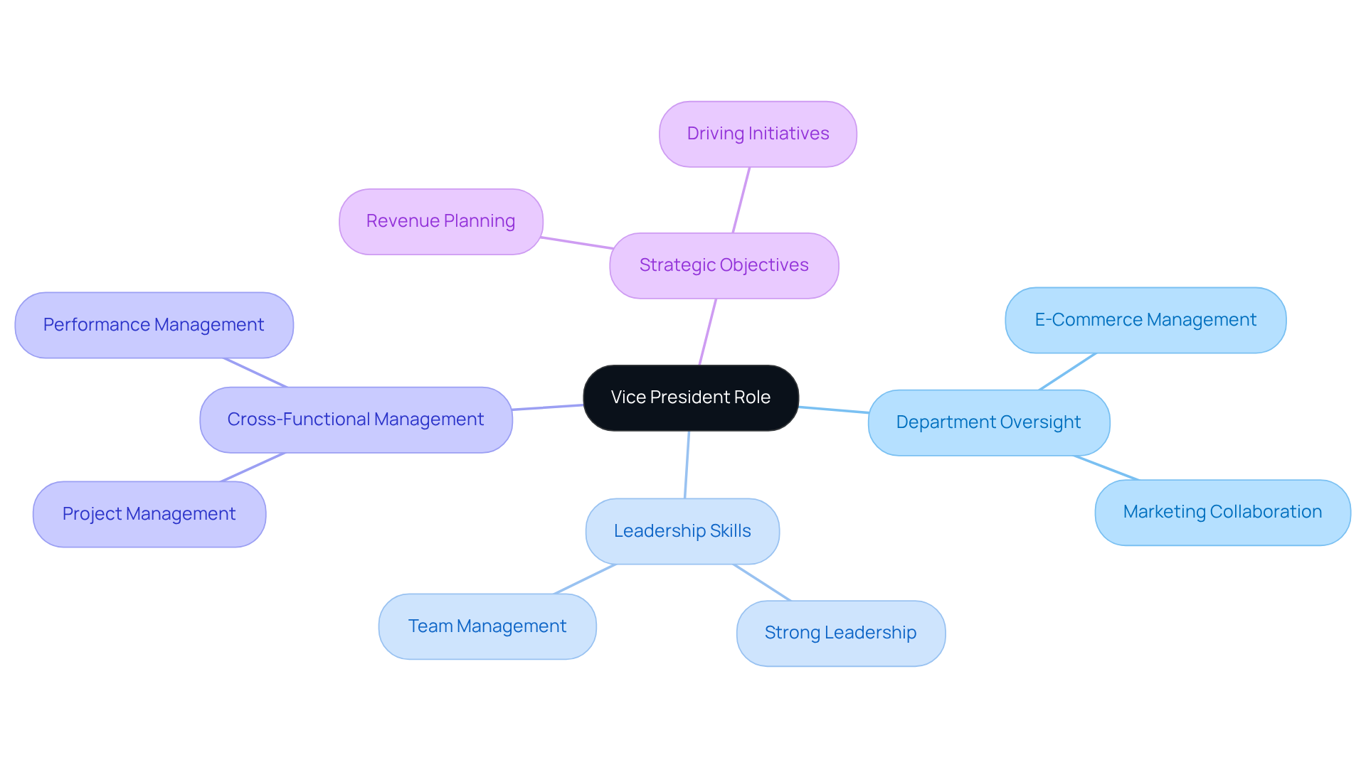 The central node represents the VP's role, while the branches show different responsibilities and skills. Each color-coded branch helps you understand how these elements contribute to supporting executive leadership. The central node represents the VP's role, while the branches show different responsibilities and skills. Each color-coded branch helps you understand how these elements contribute to supporting executive leadership.