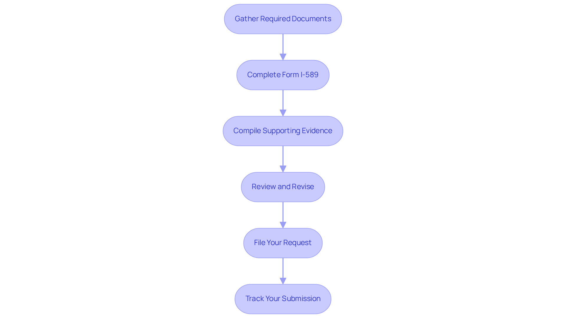Each box represents a step in the asylum application process. Follow the arrows to see how to navigate from gathering documents to tracking your submission.