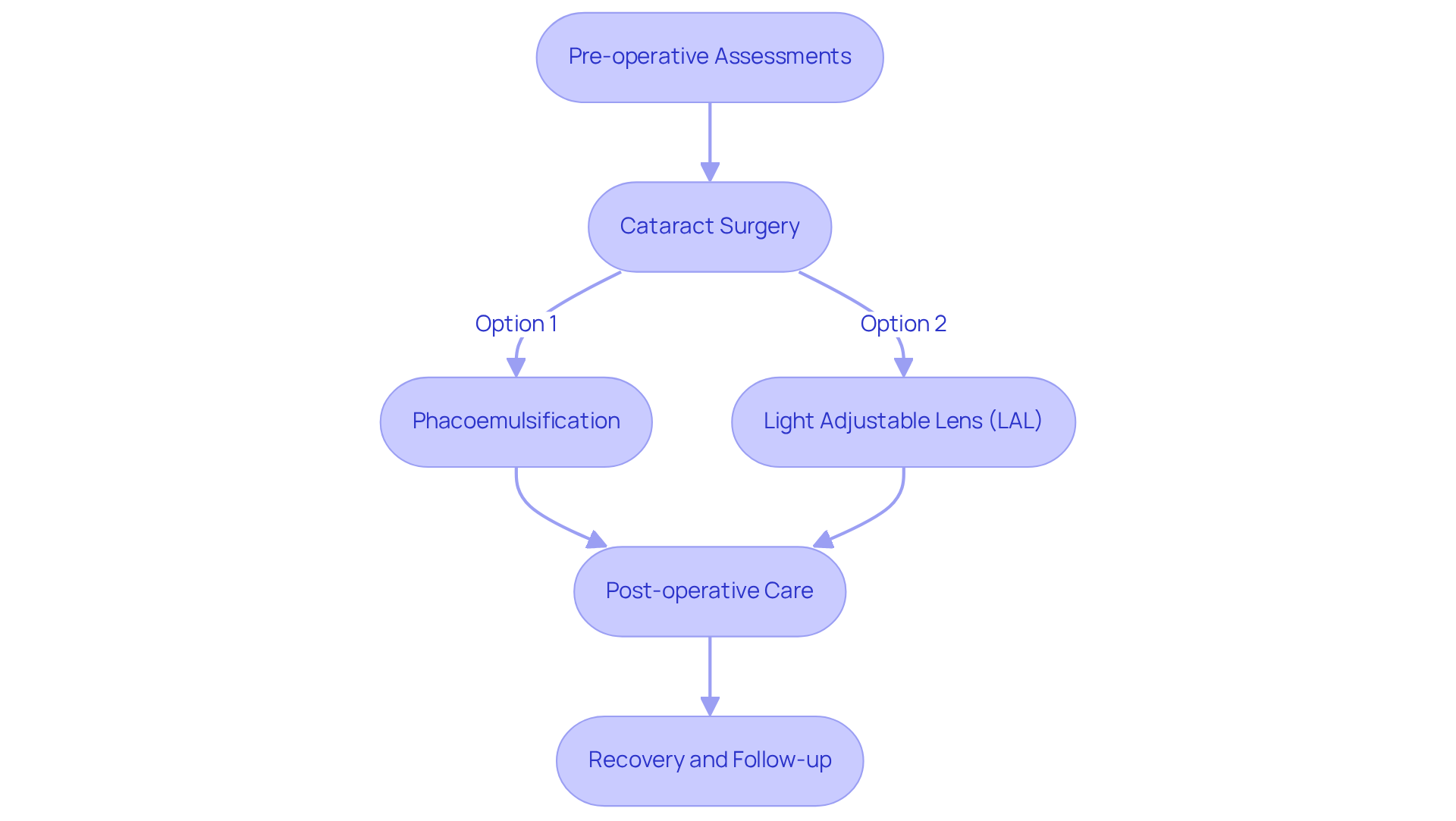 This flowchart guides you through the treatment process: starting with assessments to determine the right surgery, then the surgical options available, and finally the recovery phase. Each step is connected, showing how they relate to one another.