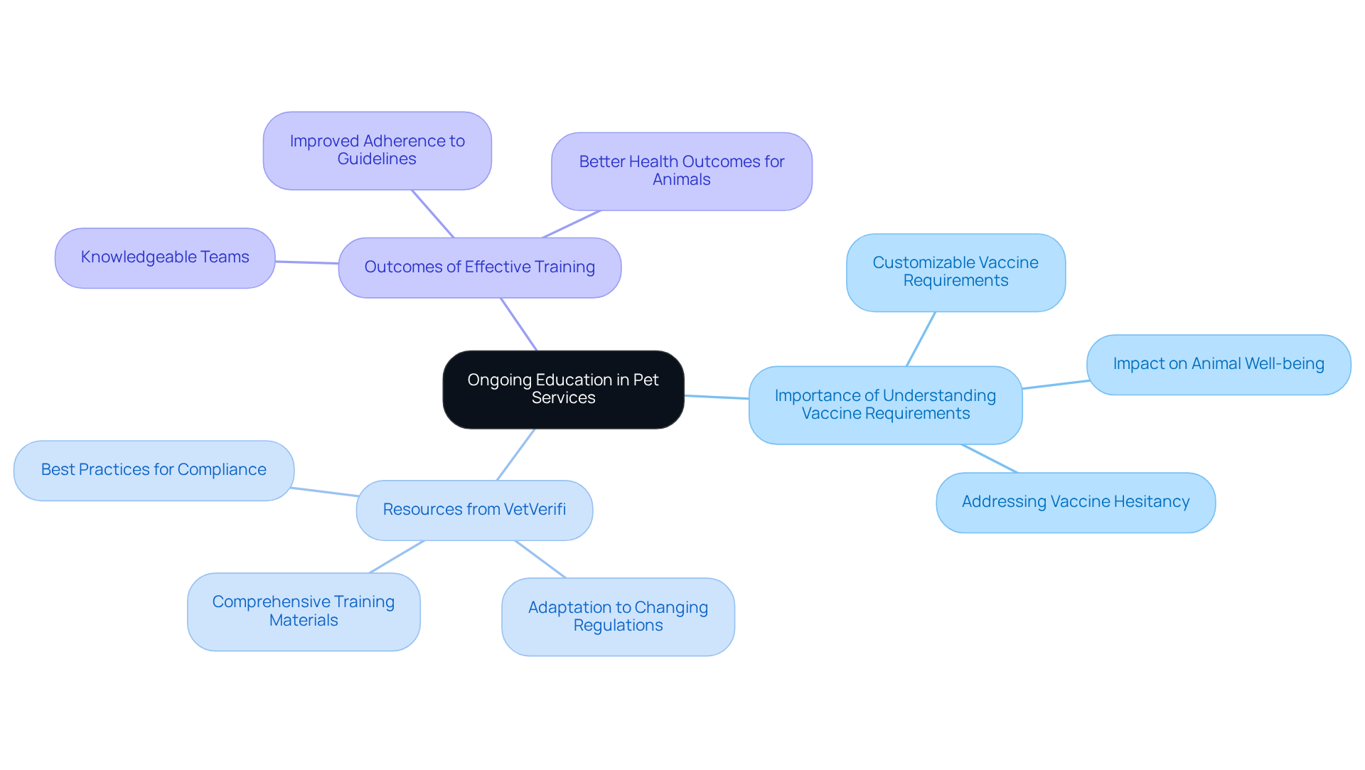 The central node represents the main theme of ongoing education, while the branches illustrate key areas of focus and their importance in ensuring the safety and well-being of pets.