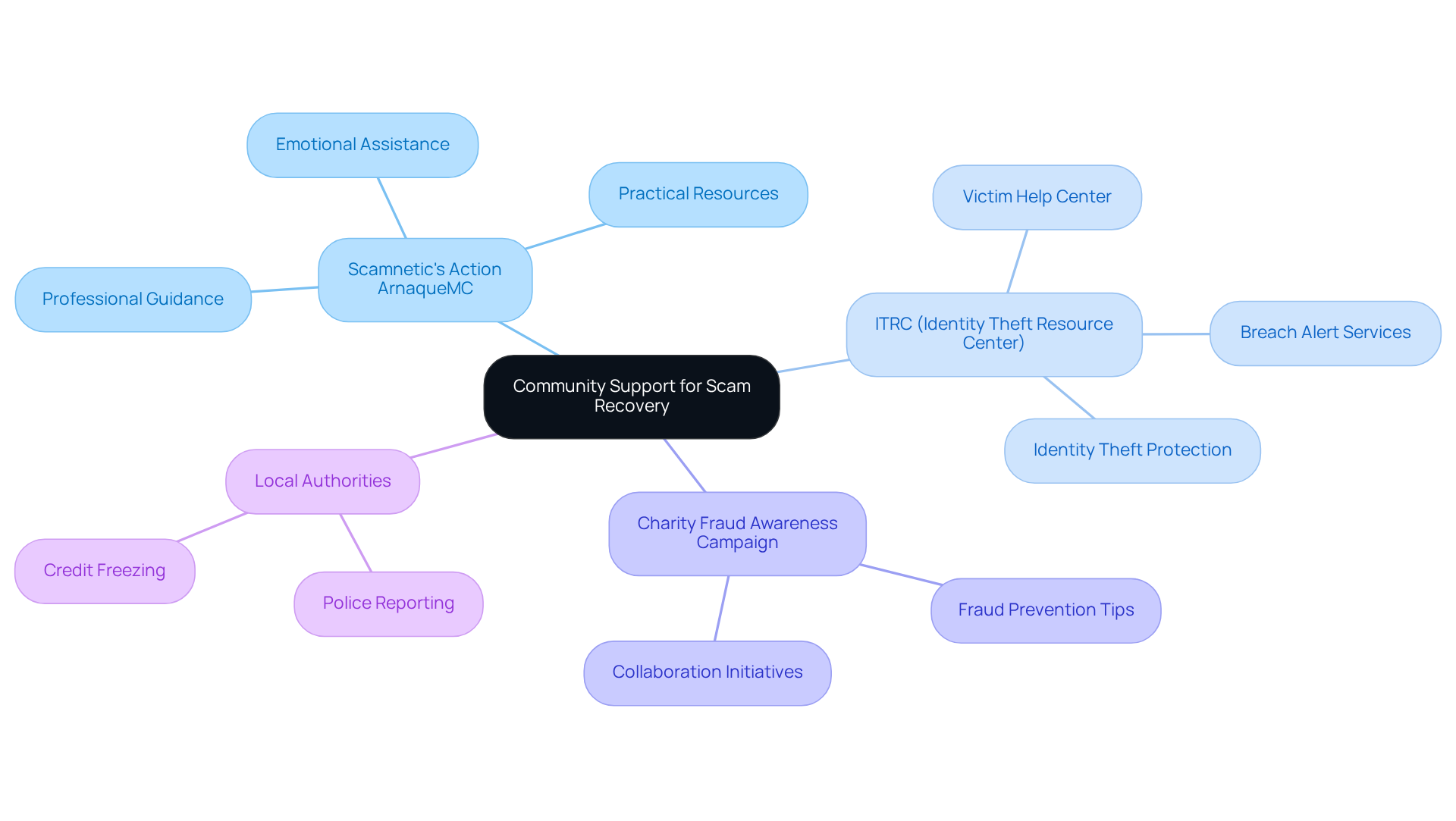 The center represents the main theme of community support, while the branches show different organizations and the specific help they provide to scam victims.
