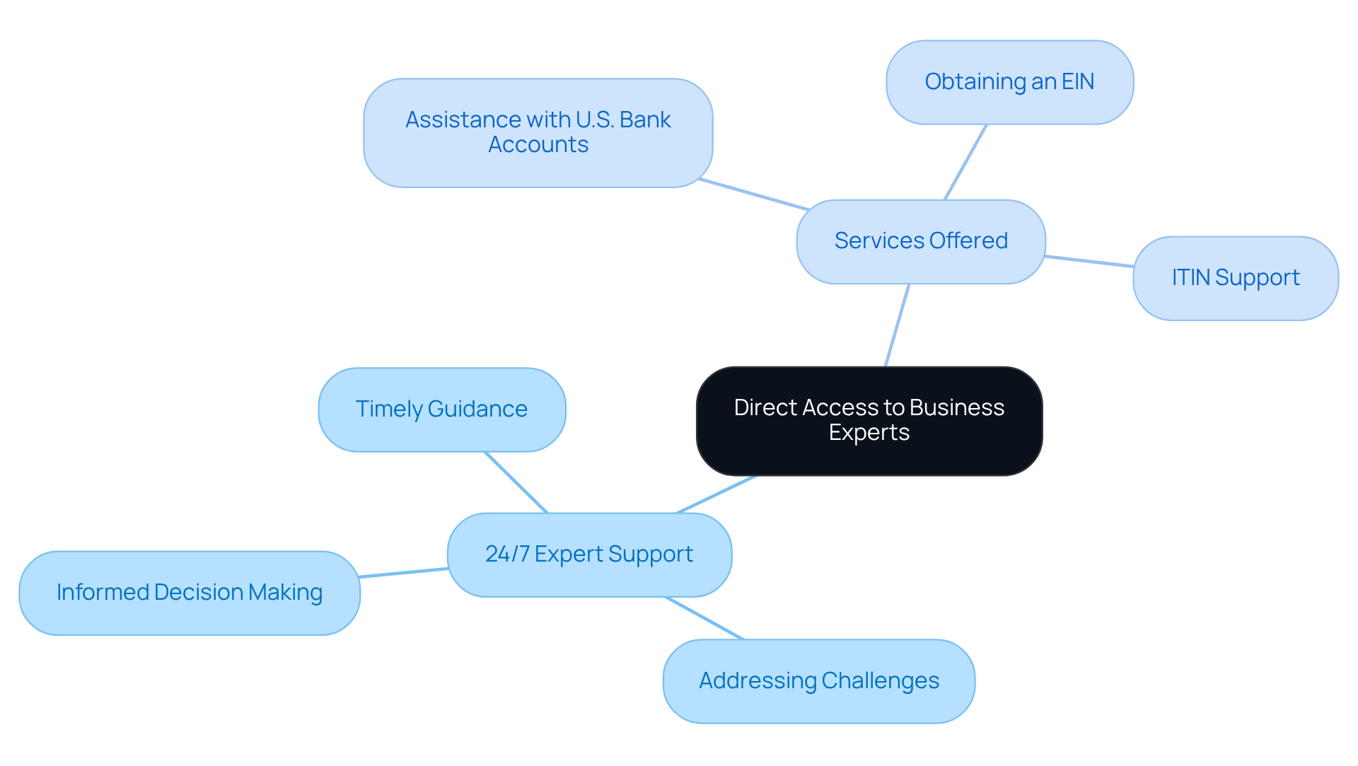 The central node represents the main idea of expert support, while the branches show the specific services available to help entrepreneurs navigate their business formation.