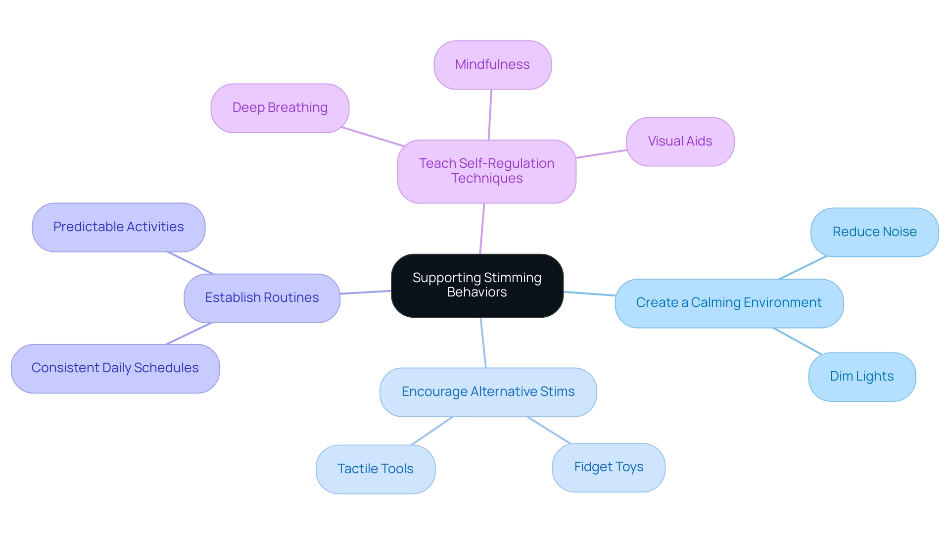 Each branch represents a strategy for managing stimming behaviors, with sub-branches offering further details or examples.