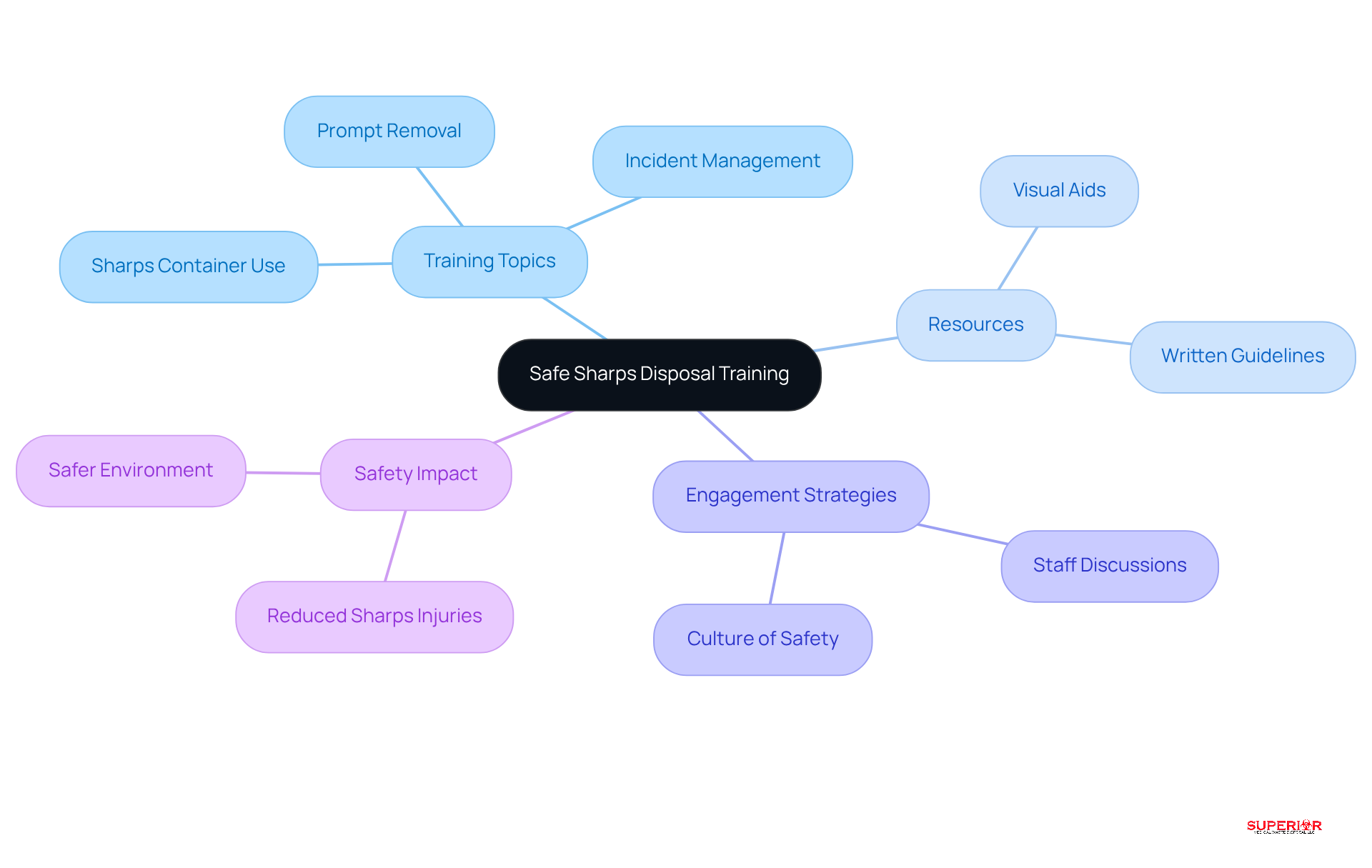 The center represents the main training focus, and the branches show the different aspects of the training program. Each color-coded branch helps you see how topics are connected and what resources support them.