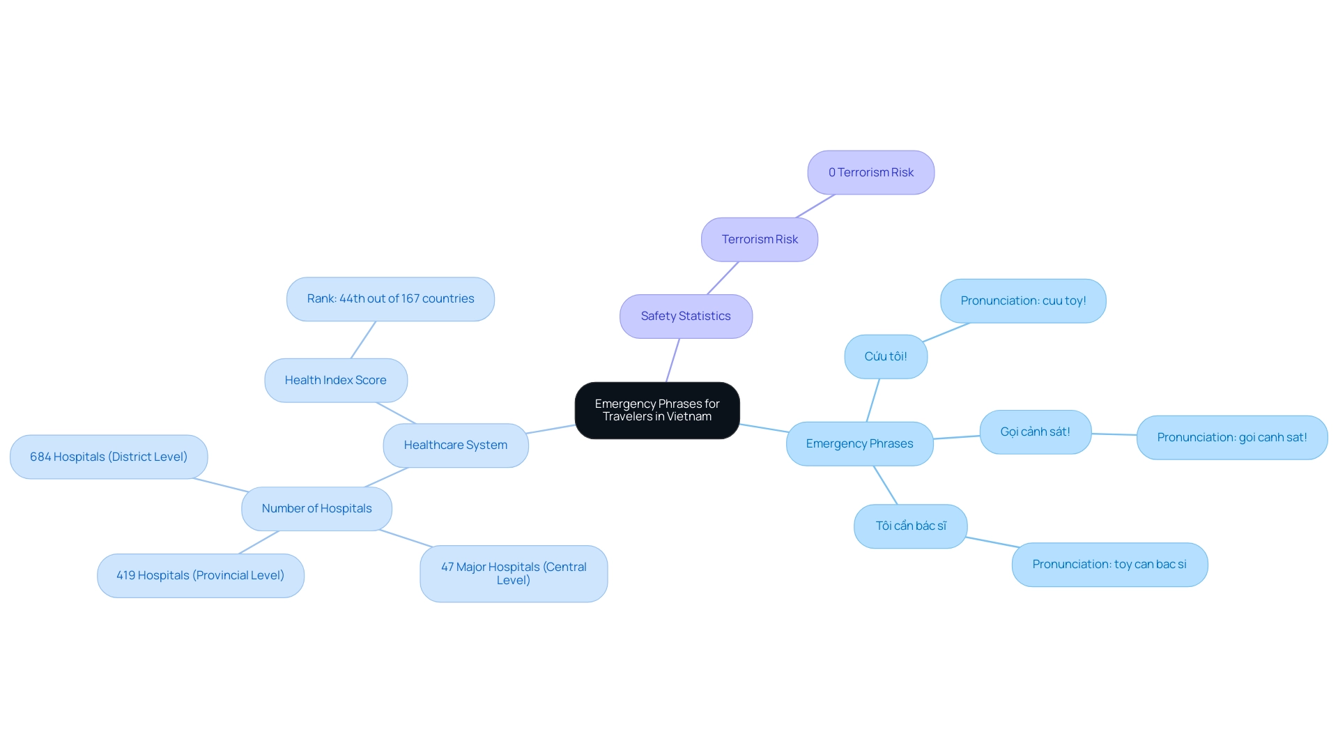 Each branch represents a different aspect of emergency preparedness: phrases, healthcare stats, and safety information. Colors differentiate each category.