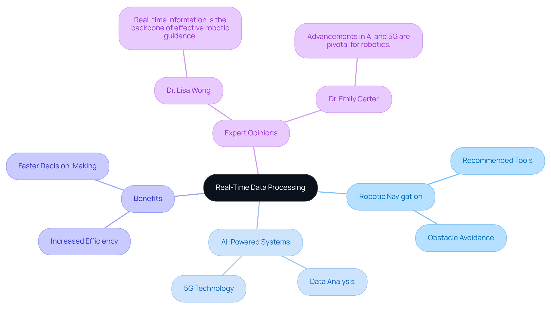 The center represents the main theme of real-time data processing. Follow the branches to explore how it supports robotic navigation, the role of AI systems, and the benefits highlighted by experts.