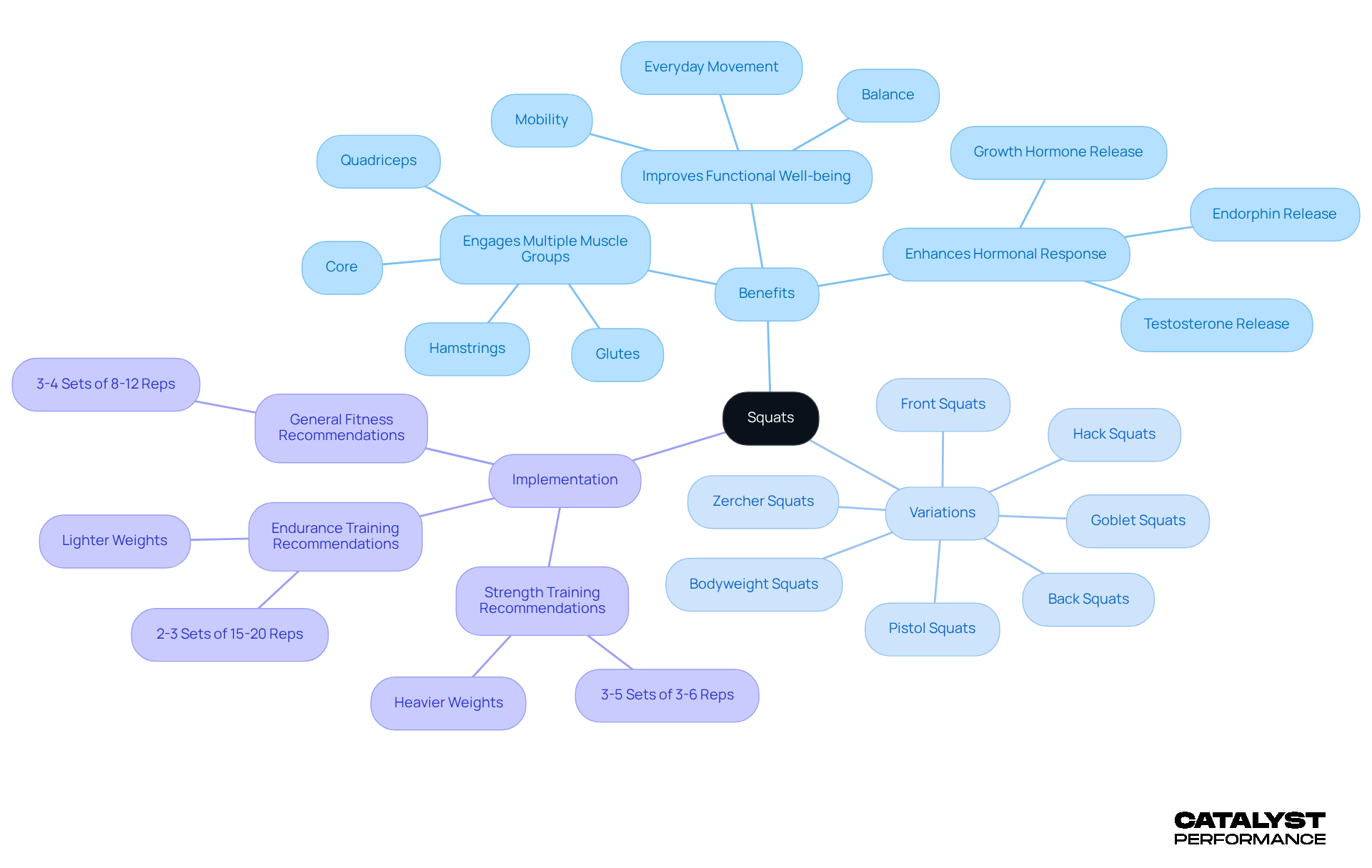 The central node represents squats, while the branches show their benefits, different types, and how to incorporate them into your routine. Each color-coded branch helps you quickly identify related information. The central node represents squats, while the branches show their benefits, different types, and how to incorporate them into your routine. Each color-coded branch helps you quickly identify related information.