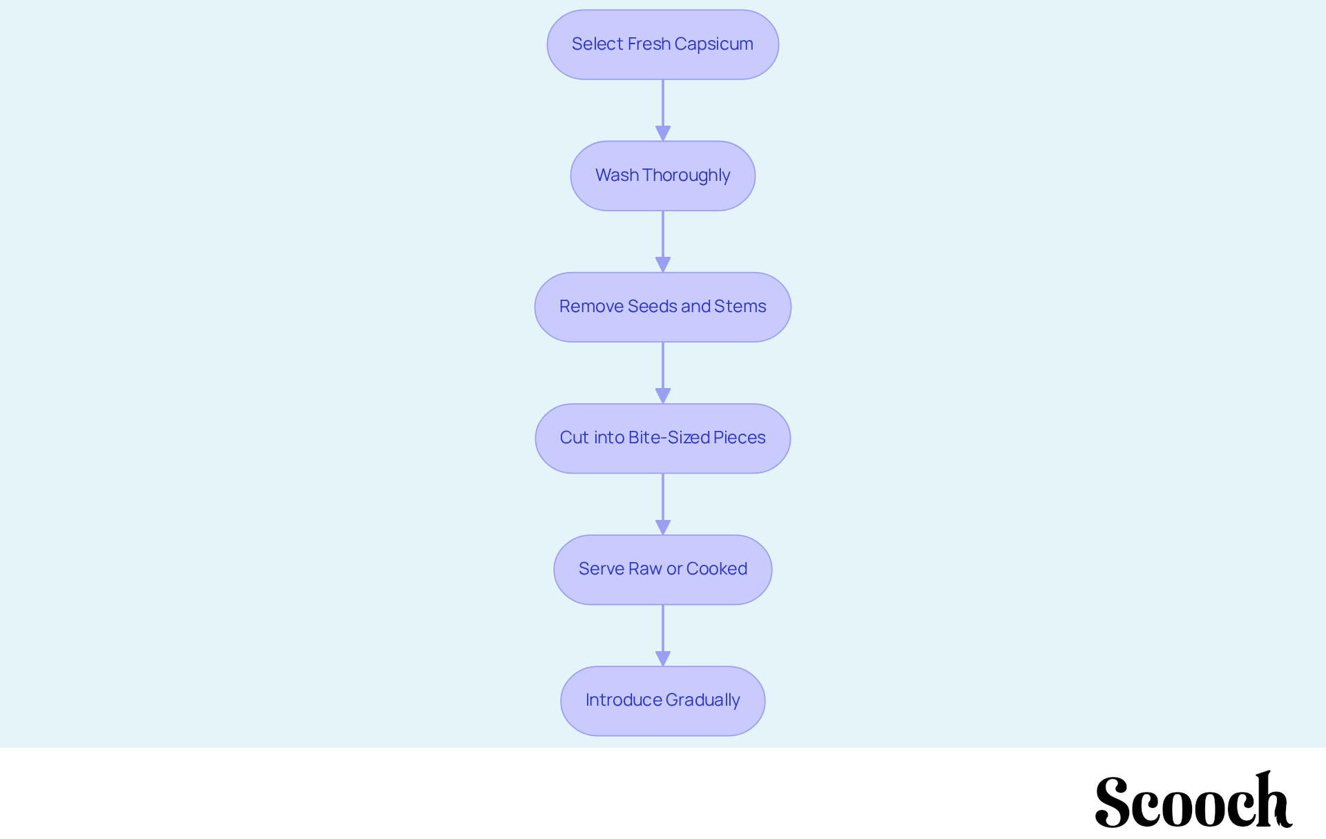 Each box represents a step in the process of preparing red peppers for your dog. Follow the arrows to see the order of steps to ensure your furry friend can enjoy red peppers safely!