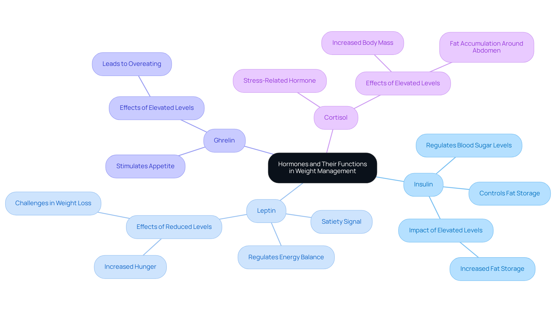 This mindmap illustrates how different hormones affect weight management. Each branch represents a hormone, and the sub-branches explain what each hormone does. For instance, if you follow the 'Insulin' branch, you'll see how it helps regulate blood sugar and fat storage. This visual helps you understand the connections between hormones and weight management.