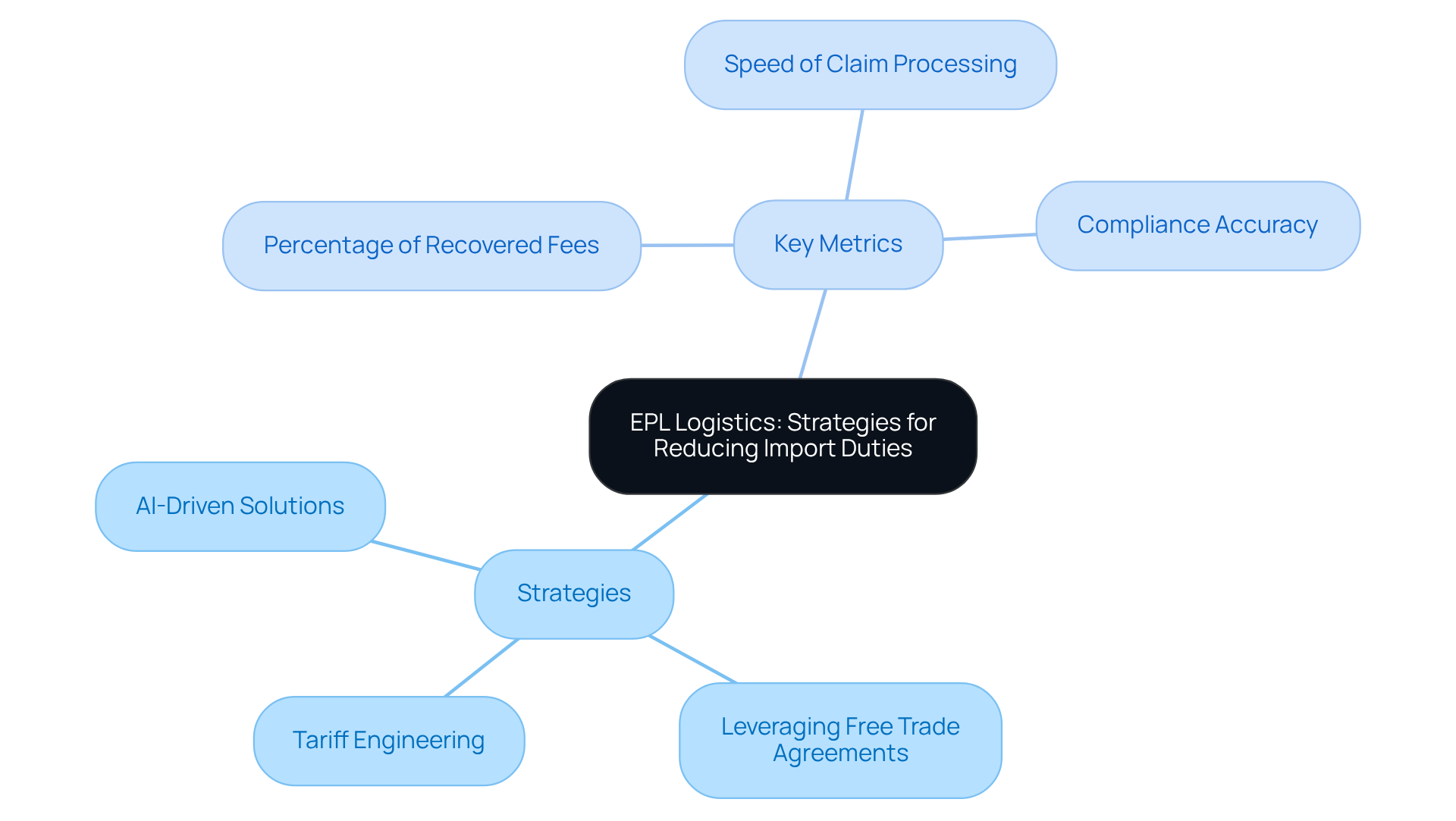 The center represents the main goal of reducing import duties. The branches show the strategies used and the metrics that measure their success. Each color-coded section helps you see how everything connects.