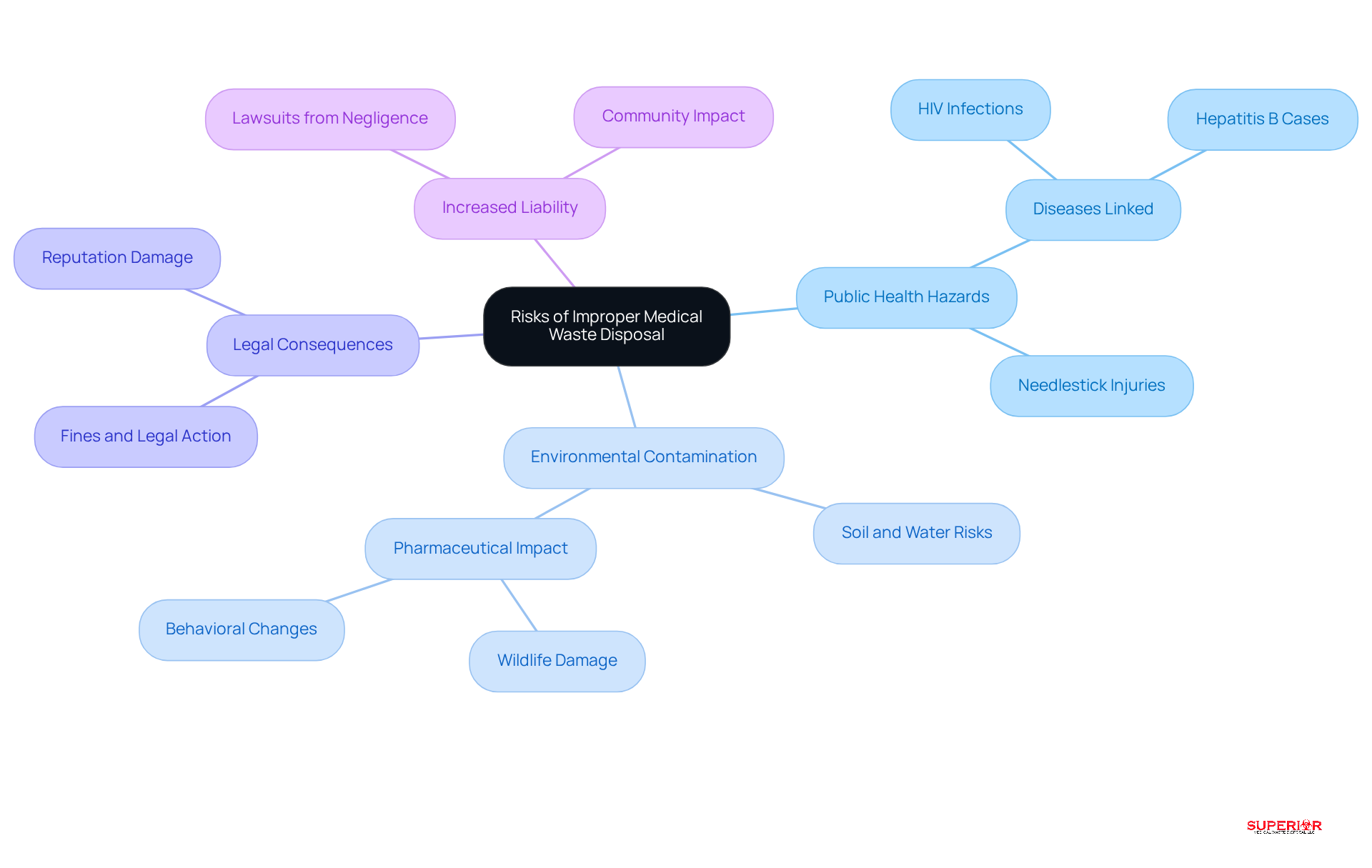 The central node represents the overall theme, while each branch highlights a specific risk area. Sub-branches provide additional details, helping you understand the full scope of the consequences of improper disposal.