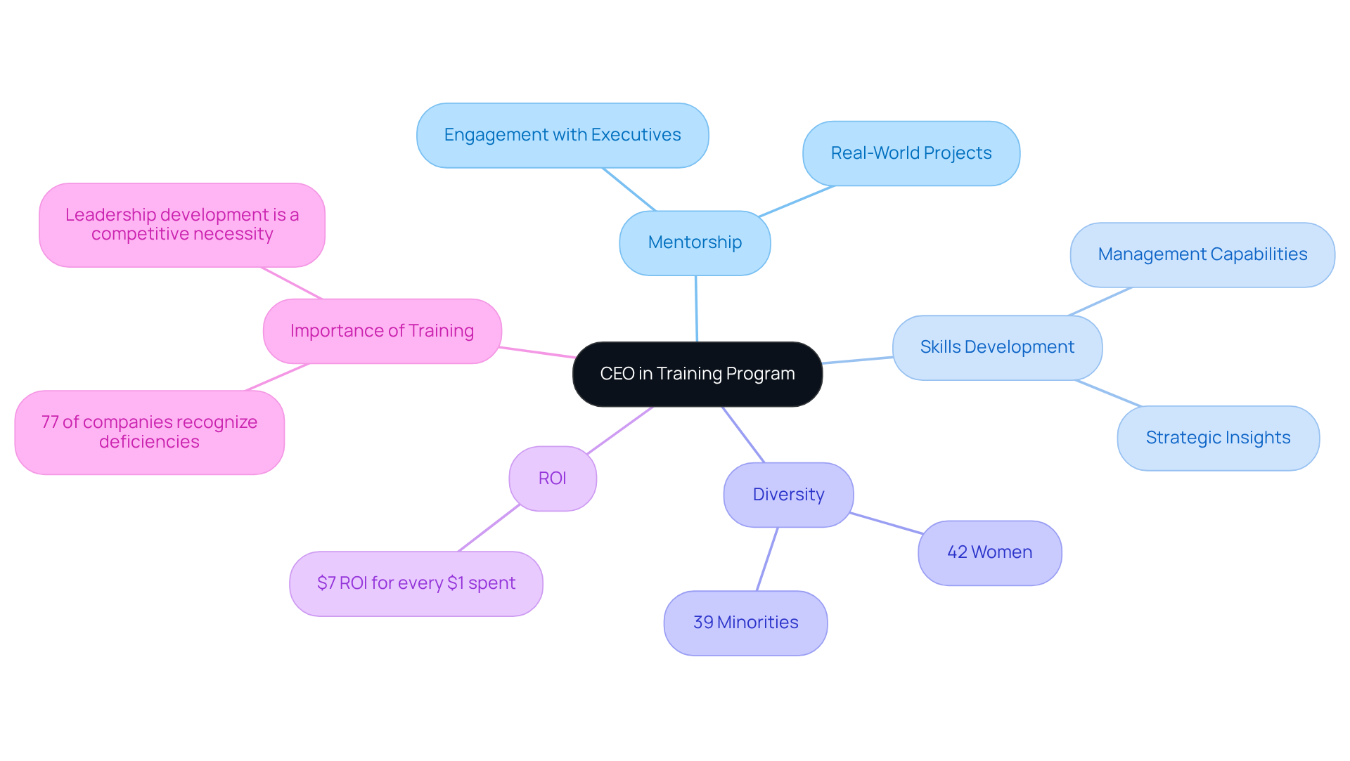 The central node represents the CEO in Training Program, while the branches show different aspects of the program, such as mentorship and diversity. Each sub-branch provides specific details or statistics that support the main ideas. The central node represents the CEO in Training Program, while the branches show different aspects of the program, such as mentorship and diversity. Each sub-branch provides specific details or statistics that support the main ideas.