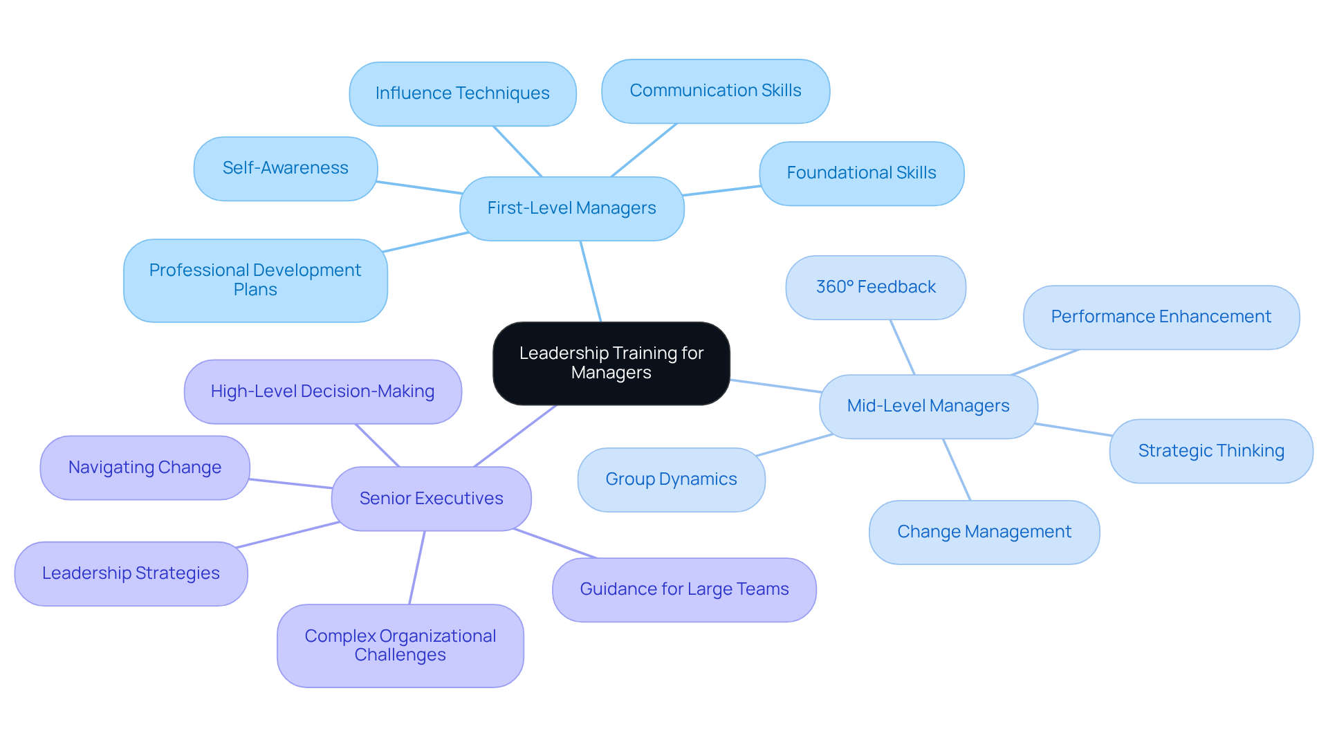 This mindmap shows how different levels of management require tailored training programs. Start at the center with 'Leadership Training for Managers', then explore each branch to see what specific skills and strategies are needed for First-Level Managers, Mid-Level Managers, and Senior Executives.