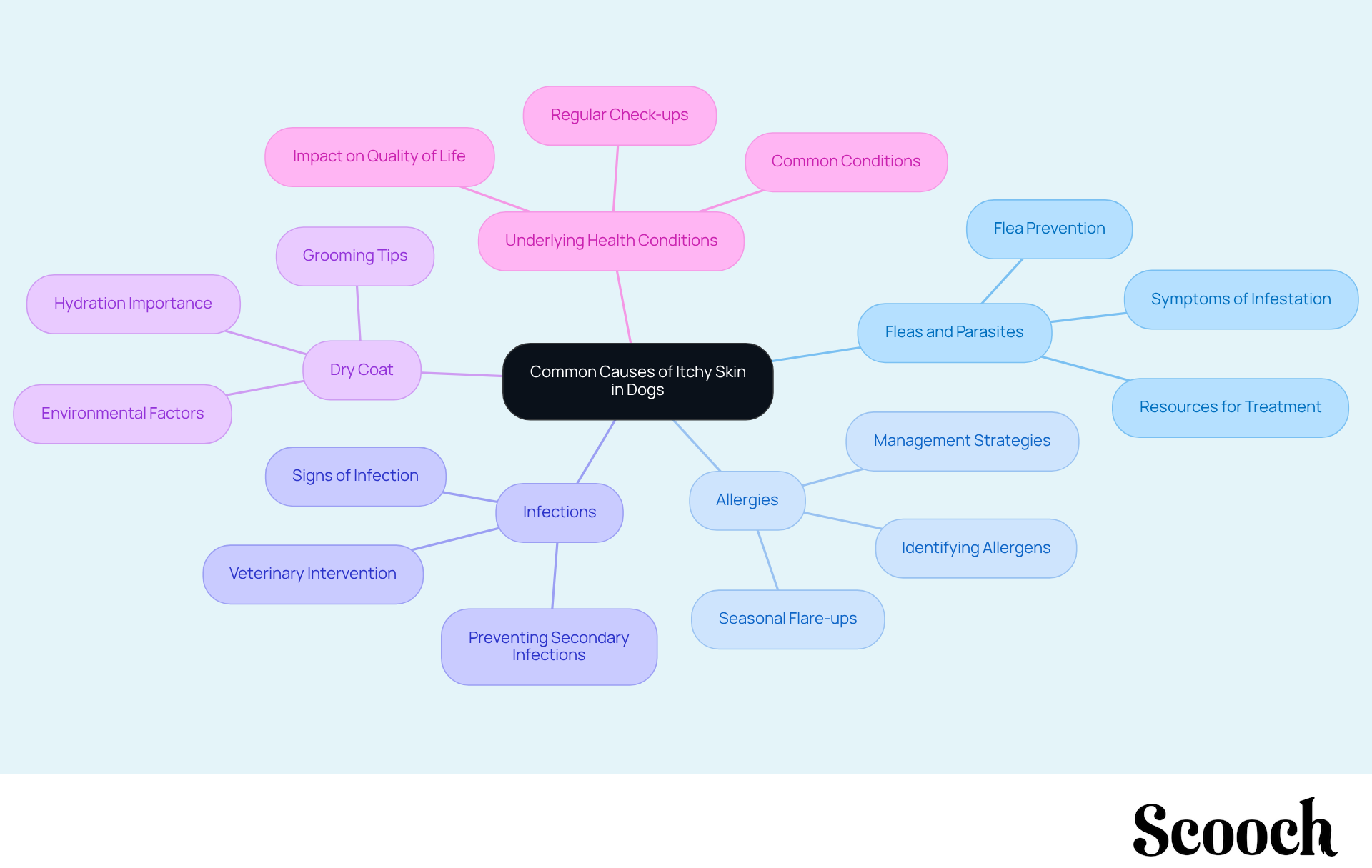 The center represents the main issue of itchy skin in dogs. Each branch shows a specific cause, and the sub-branches provide additional details or solutions related to that cause. Follow the branches to understand how each factor contributes to your dog's discomfort.