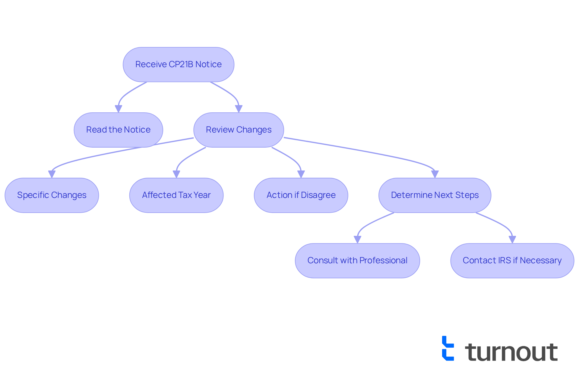This flowchart outlines what to do when you receive a CP21B notice from the IRS. Follow the steps from reading the notice to determining your next actions, ensuring you understand each part of the process. This flowchart outlines what to do when you receive a CP21B notice from the IRS. Follow the steps from reading the notice to determining your next actions, ensuring you understand each part of the process.