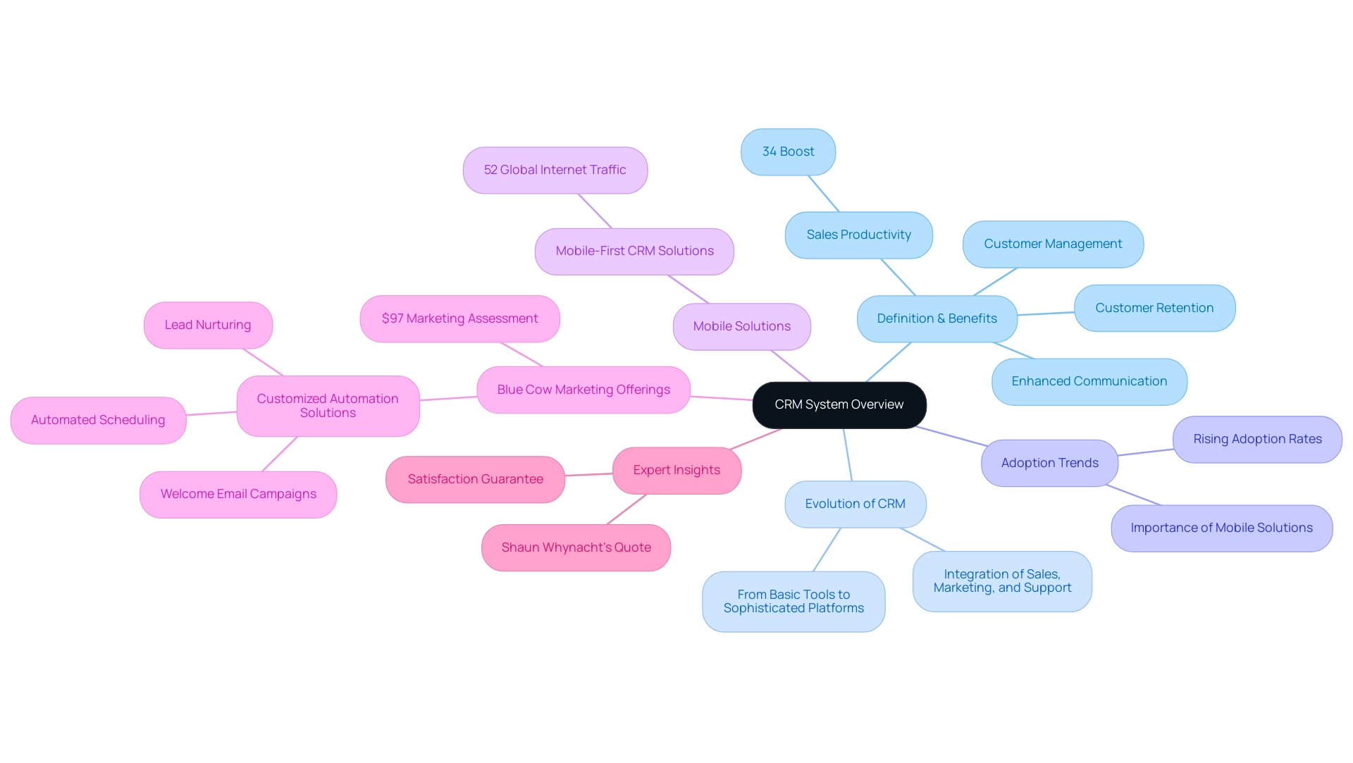 Each branch represents a key theme related to CRM systems, with colors distinguishing different areas of focus.