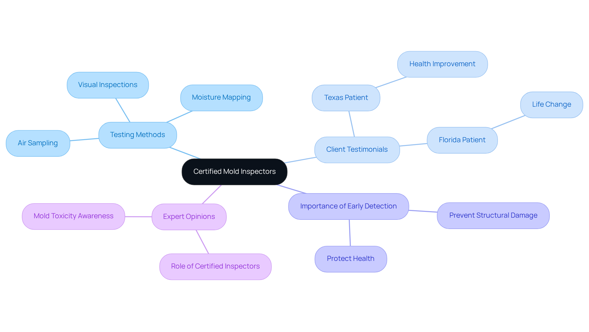 Start at the center with the main topic of certified mold inspectors. Follow the branches to explore their testing methods, hear from clients who benefited from their services, understand the importance of early detection, and read expert opinions on their effectiveness.