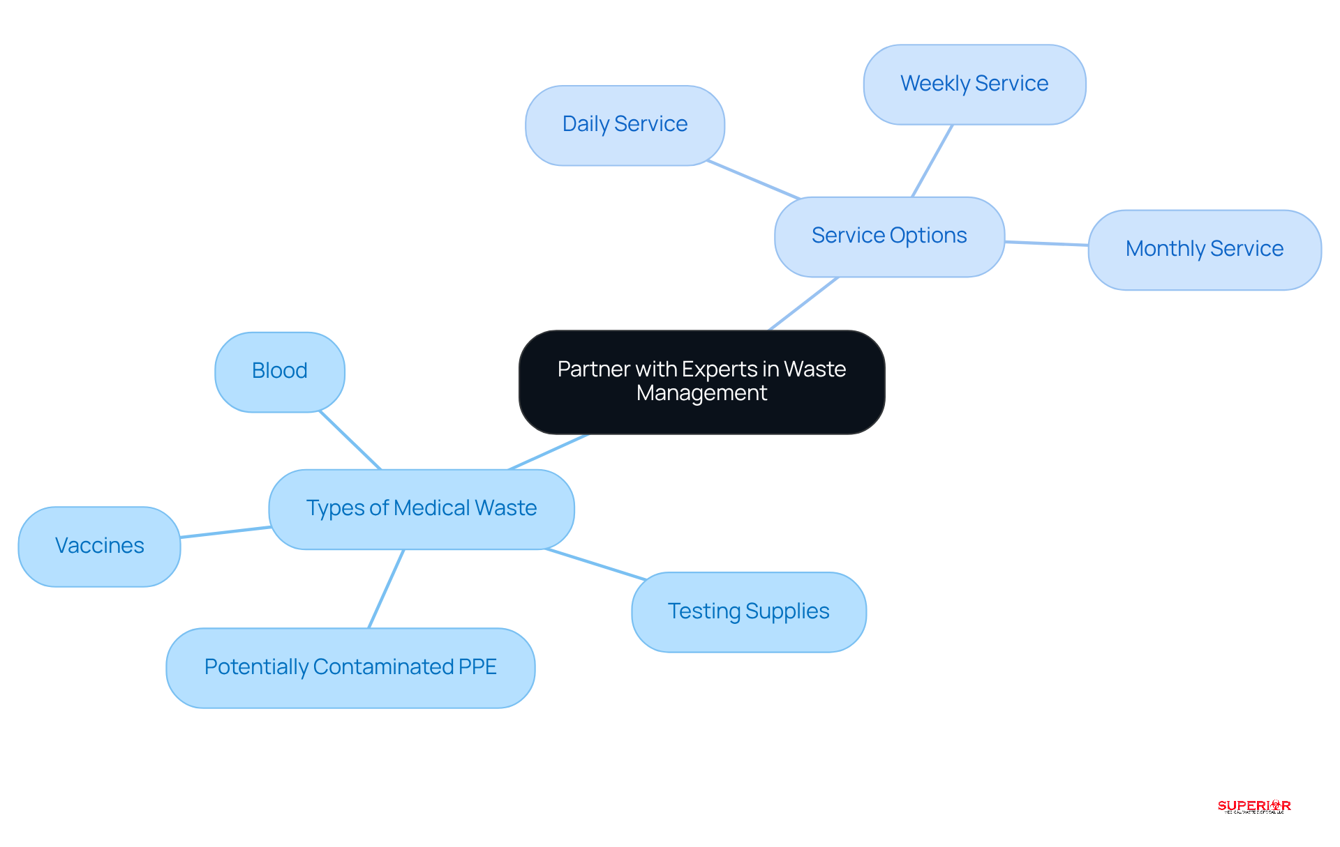 The center represents the main idea of partnering with waste management experts. The branches show the types of medical waste handled and the various service options available, helping you understand how these elements connect.