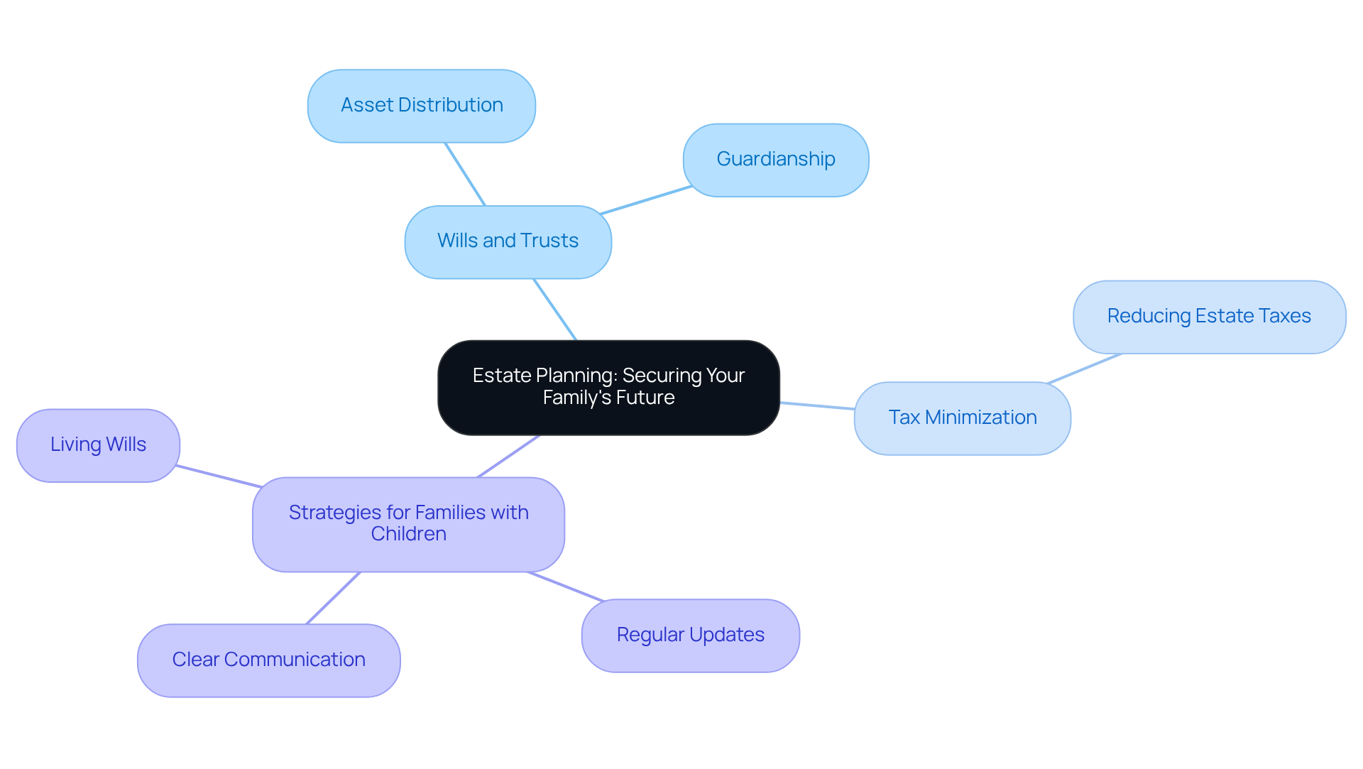 The center represents the overall goal of estate planning, while the branches show key areas to focus on. Each category and subcategory reveals important steps to take for securing your family's future.