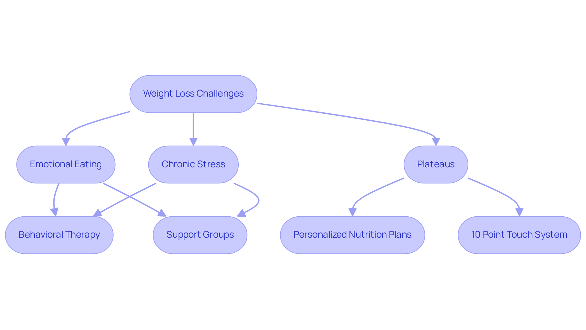This flowchart shows the common challenges faced during weight loss and the supportive strategies available to overcome them. Each challenge leads to specific solutions, illustrating how individuals can navigate their weight loss journey with the right support.