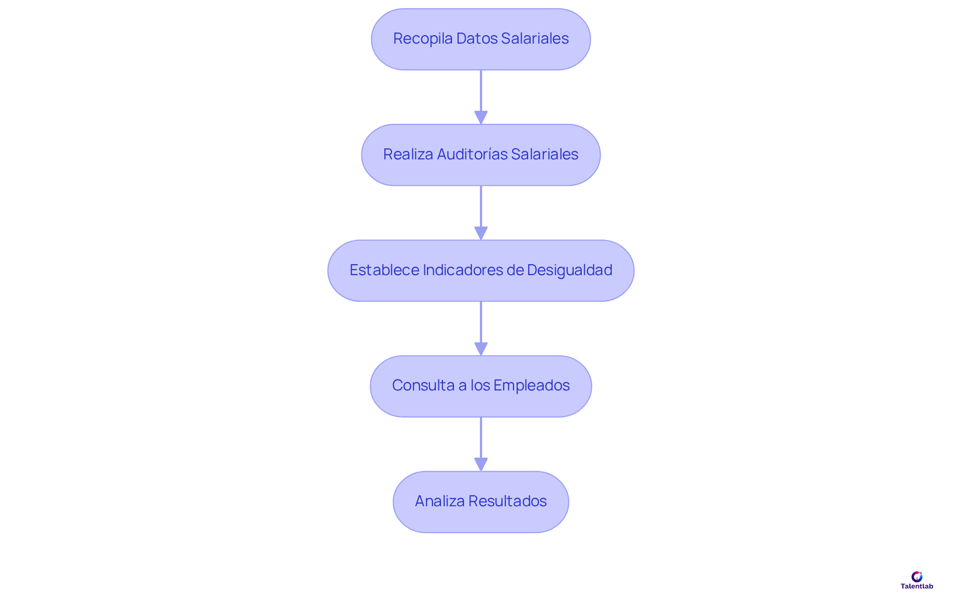 Cada cuadro representa un paso en el proceso de identificación de la desigualdad salarial. Sigue las flechas para ver cómo cada etapa se relaciona con la siguiente y contribuye a mejorar la equidad en tu empresa.