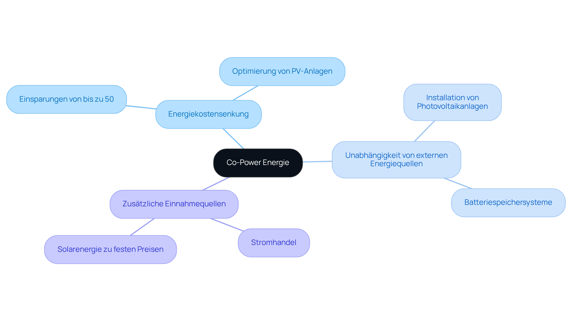 Im Zentrum steht Co-Power, von dem aus die verschiedenen Dienstleistungen und Vorteile abzweigen. Jede Farbe repräsentiert einen Hauptbereich, und die Unterzweige zeigen spezifische Angebote und deren Nutzen.