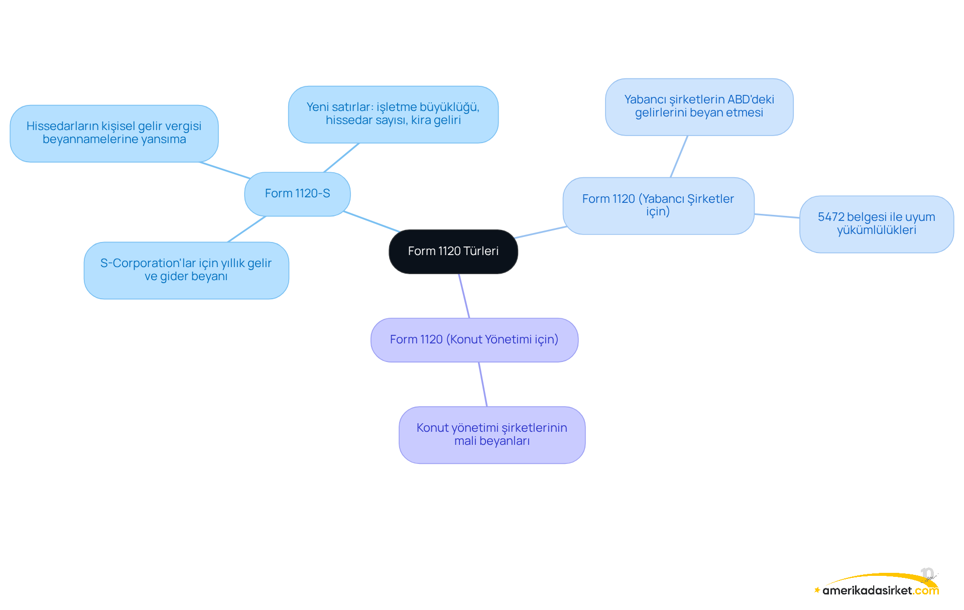 Merkezdeki başlık, Form 1120'nin türlerini gösteriyor. Dallar, her bir formun ne amaçla kullanıldığını ve önemli bilgileri açıklıyor. Renkler, her formun farklılığını vurgulamak için kullanıldı.