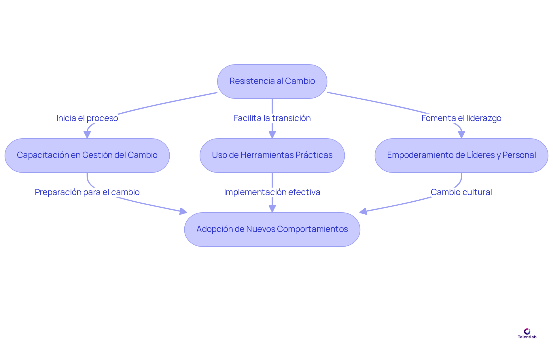 Cada cuadro representa un paso en el proceso de adaptación al cambio. Sigue las flechas para entender cómo cada etapa se conecta y contribuye a superar la resistencia y facilitar la adopción de nuevas iniciativas.