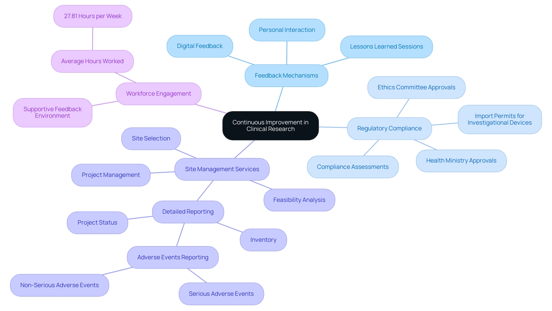 Central node represents the main theme; branches signify key components with sub-branches detailing specific actions related to each component.