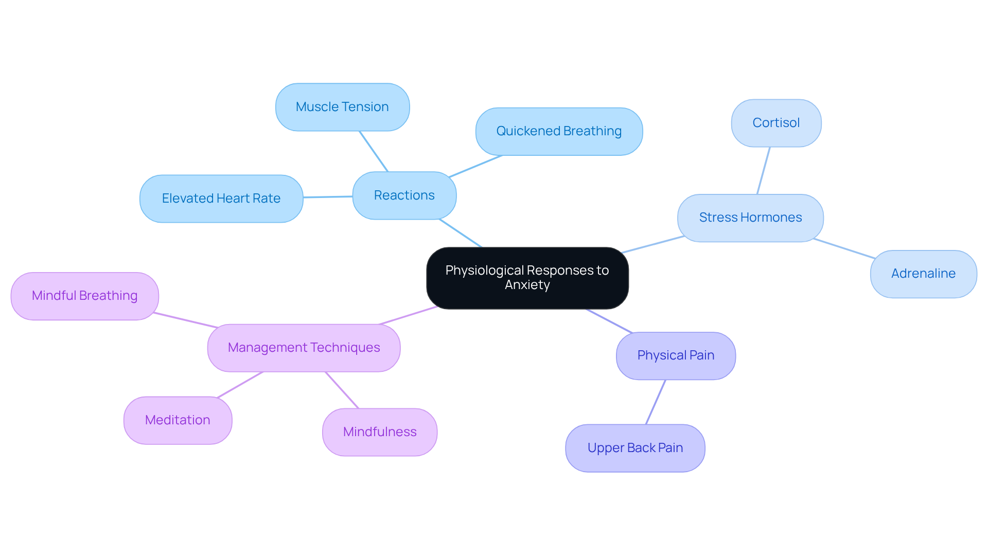 The central node represents the main topic of anxiety's effects on the body. Each branch shows a different aspect of these effects, helping you see how they connect and what you can do to manage them. The central node represents the main topic of anxiety's effects on the body. Each branch shows a different aspect of these effects, helping you see how they connect and what you can do to manage them.