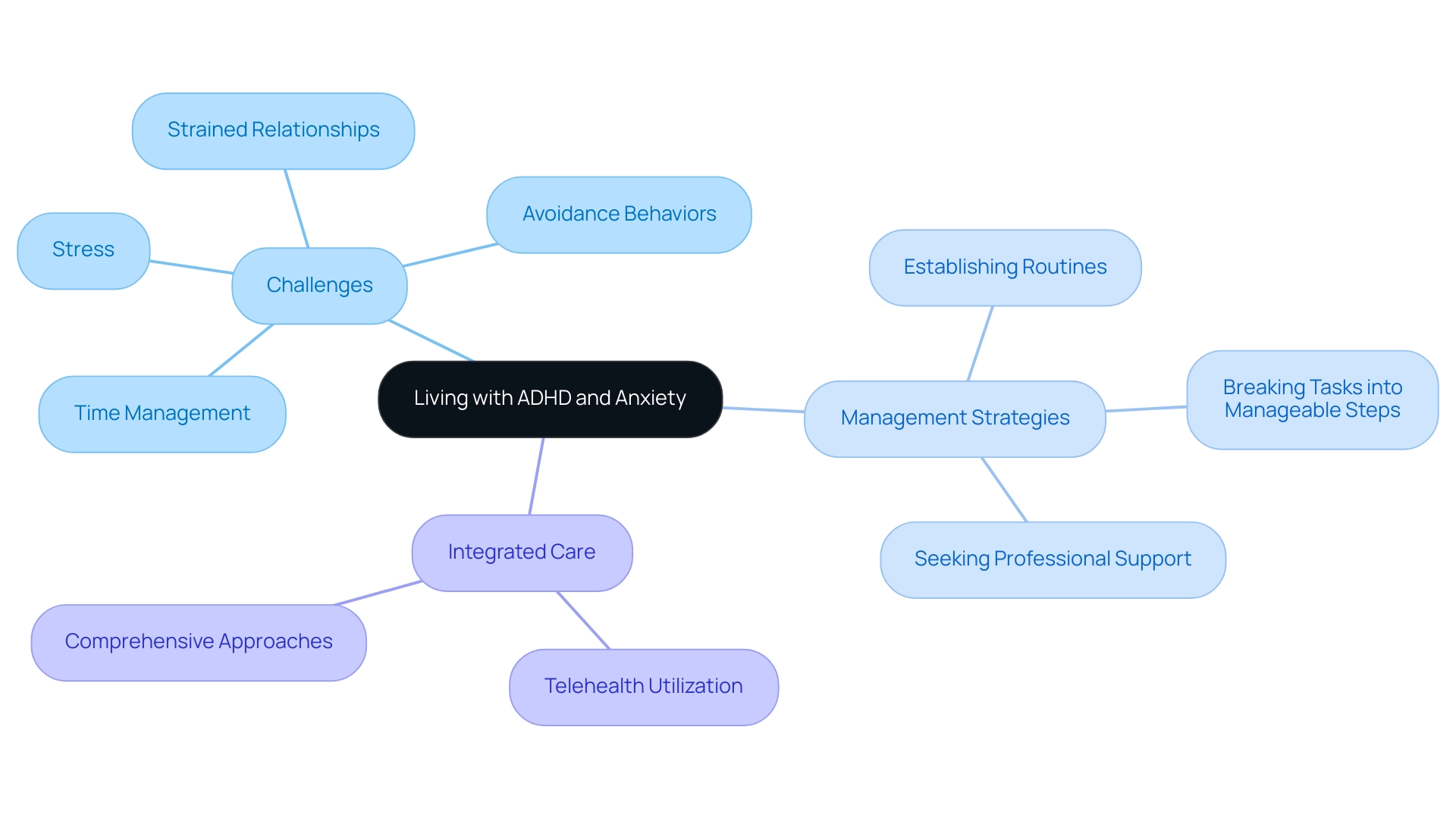 The central node represents living with ADHD and anxiety, with branches showing challenges, management strategies, and integrated care approaches.