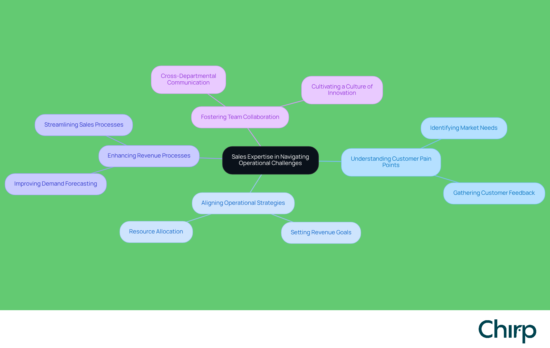 The central node represents the main theme of using sales expertise to tackle operational challenges. Each branch shows a related concept or strategy, illustrating how they all connect to support the overall goal of improving business outcomes.