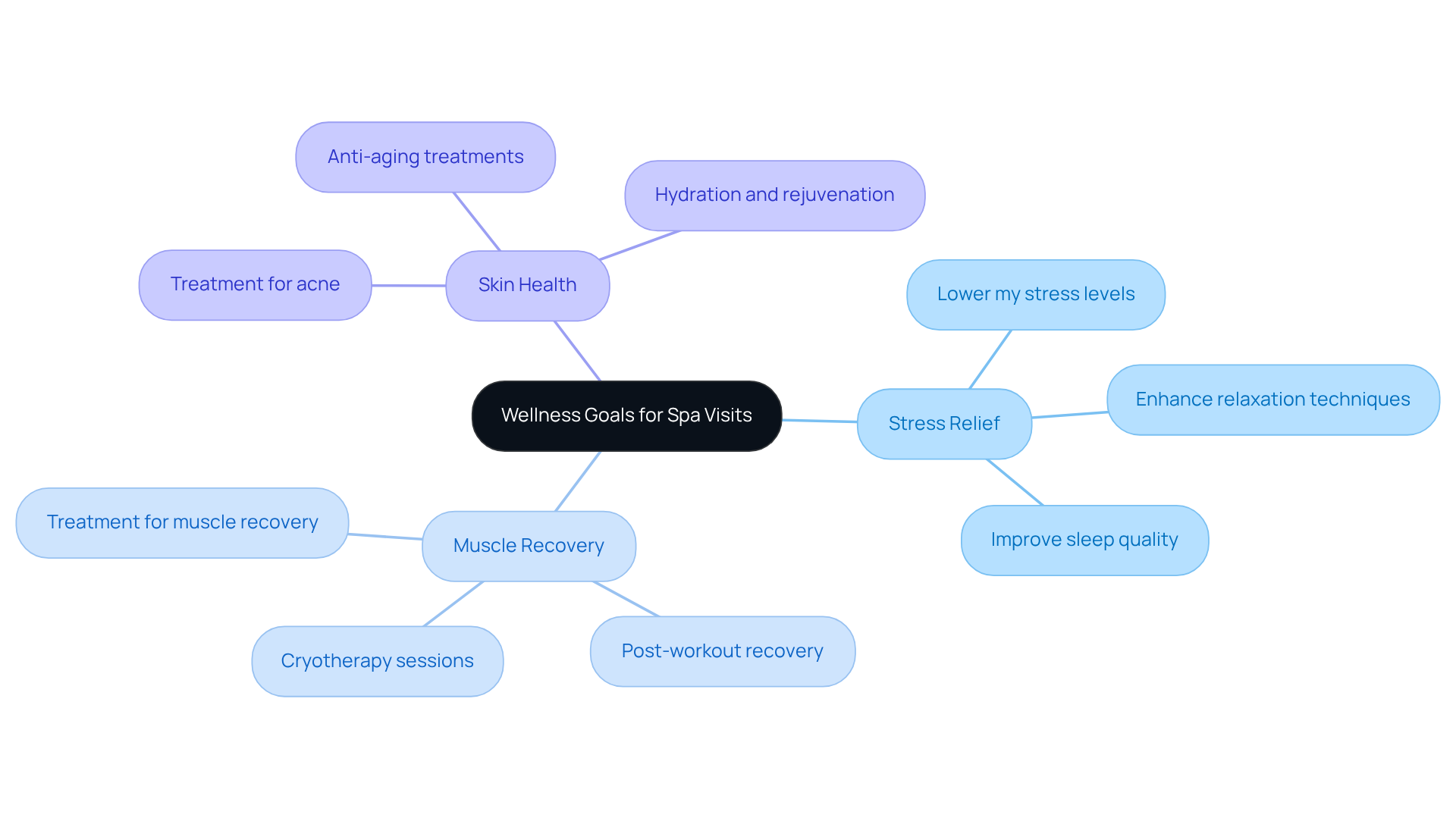 Begin with the central idea of wellness goals, then explore the branches for different types of goals and their specific aims — this helps you understand how to tailor your spa experience.