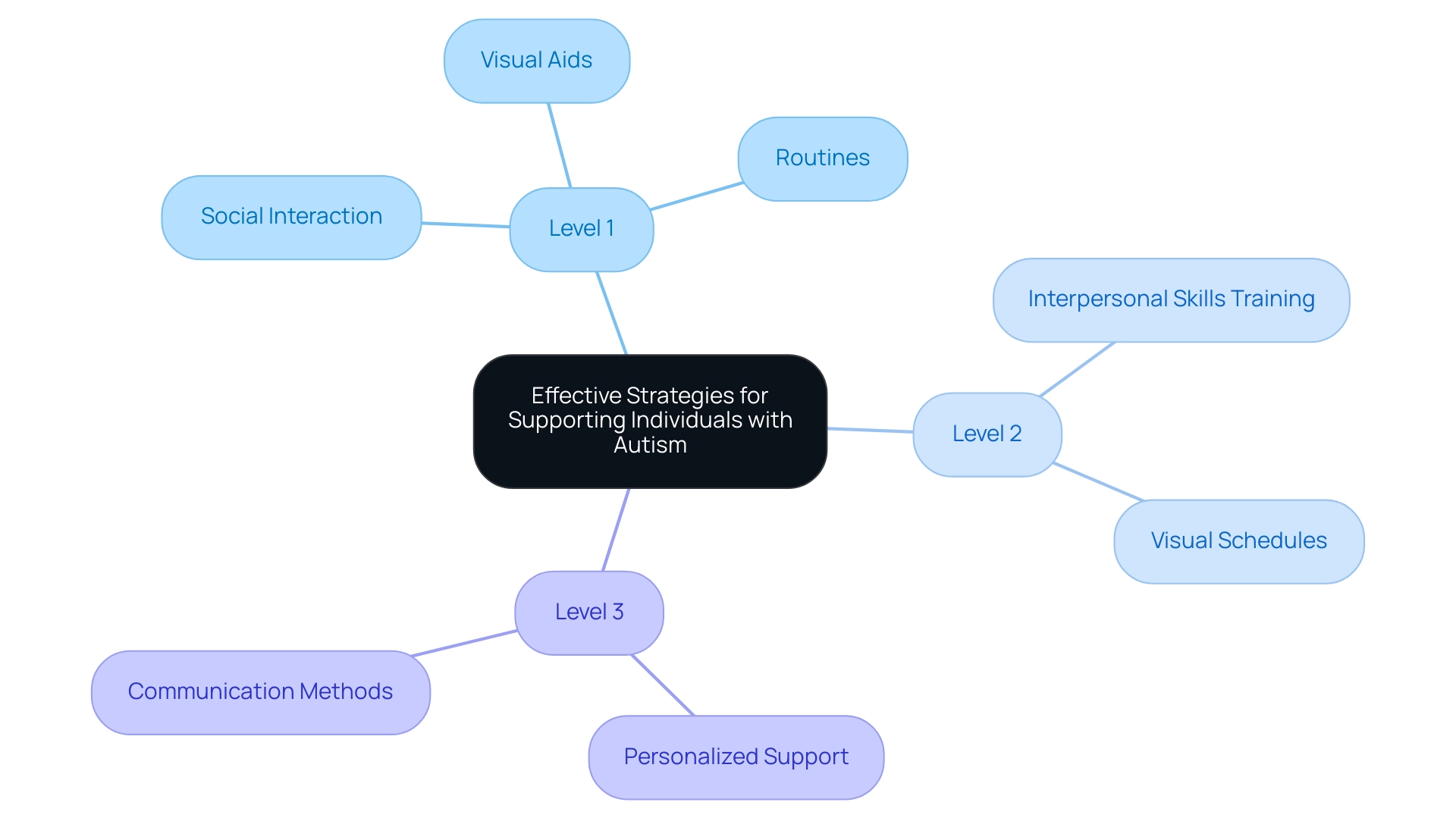 Central node represents the overall strategies; branches indicate support levels, with specific strategies listed under each level. Colors differentiate between levels.