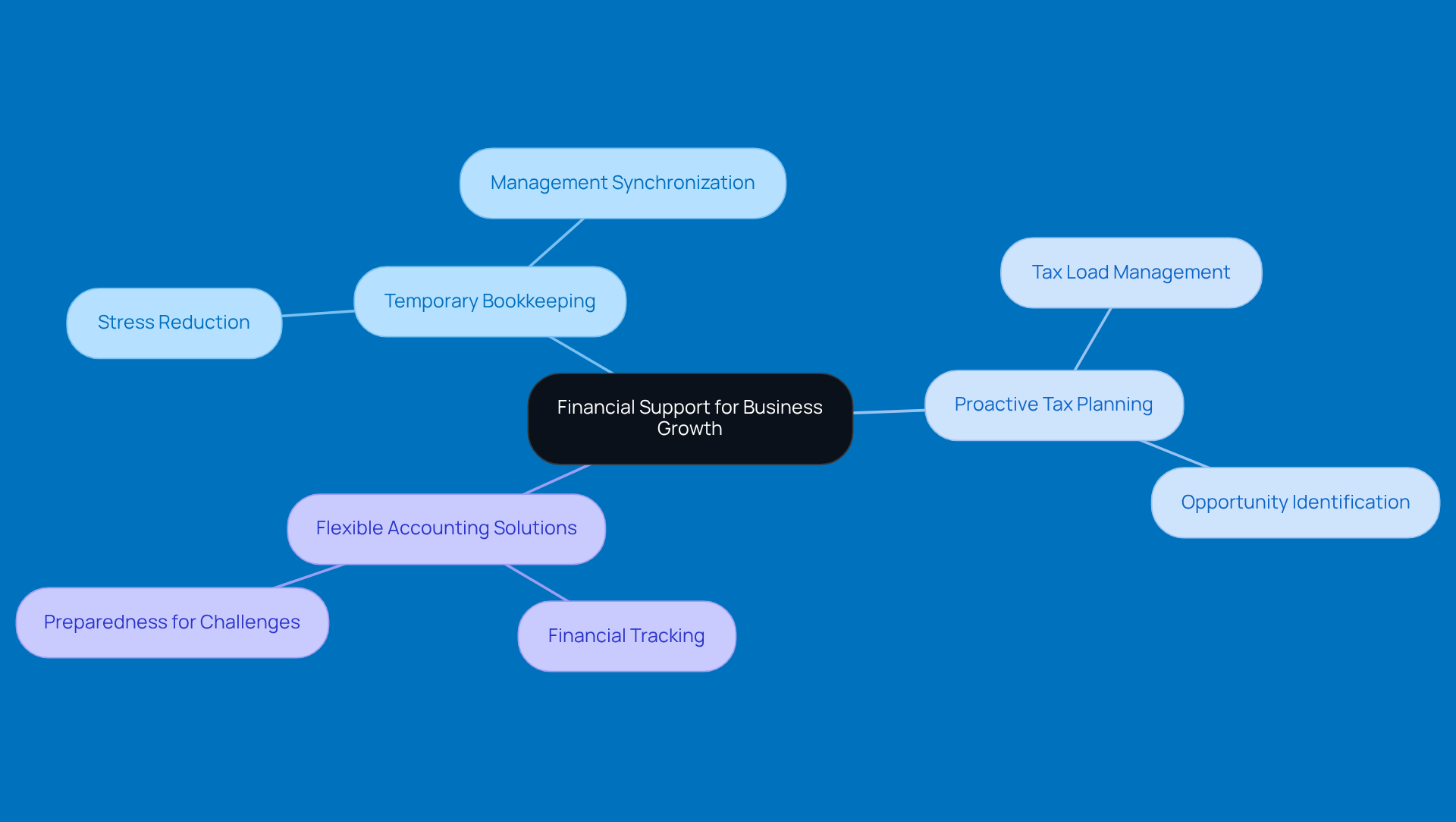 The center represents the overall goal of financial support for business growth. Each branch shows a different service offered, and the sub-branches highlight the specific benefits of those services. This layout helps you see how everything connects and supports your business's journey.