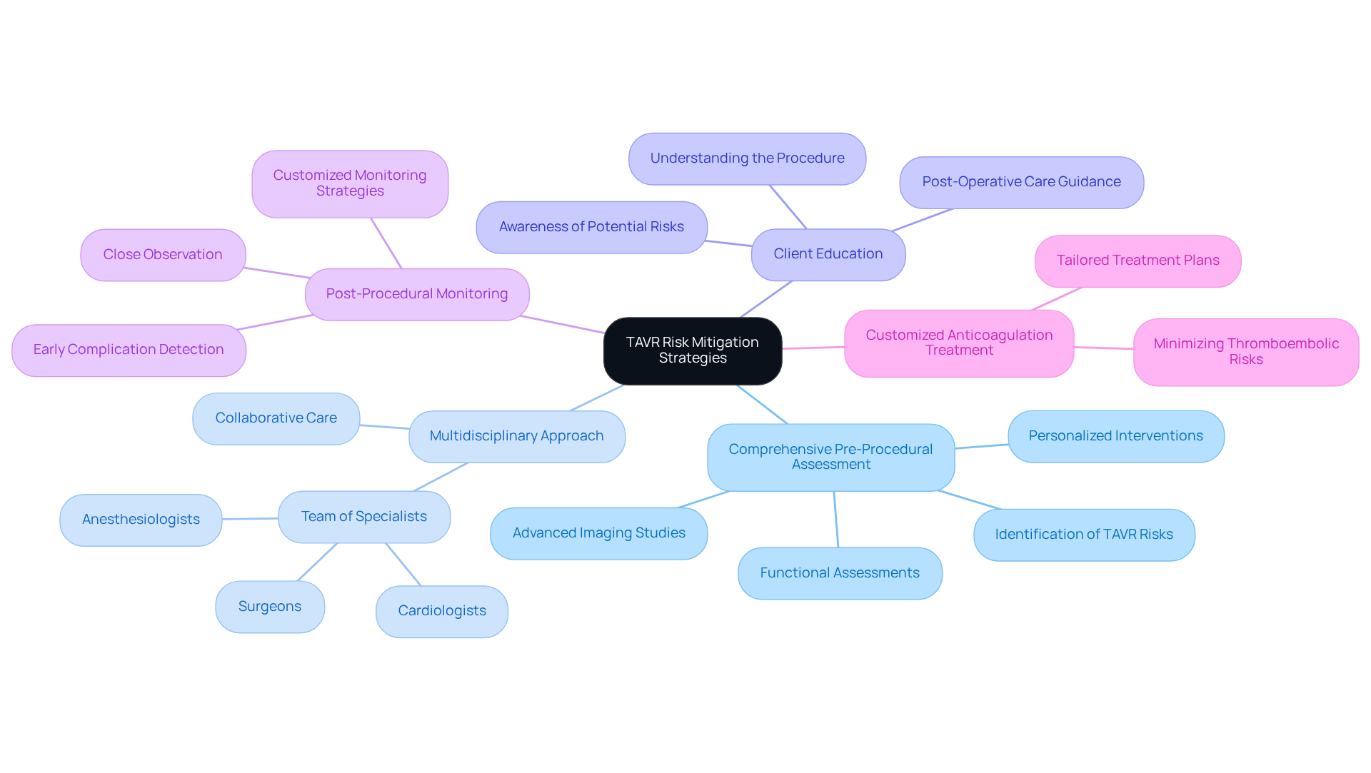The central node represents the main focus on TAVR risk mitigation, while each branch highlights a specific strategy. Follow the branches to see how each strategy contributes to improving patient outcomes and safety.