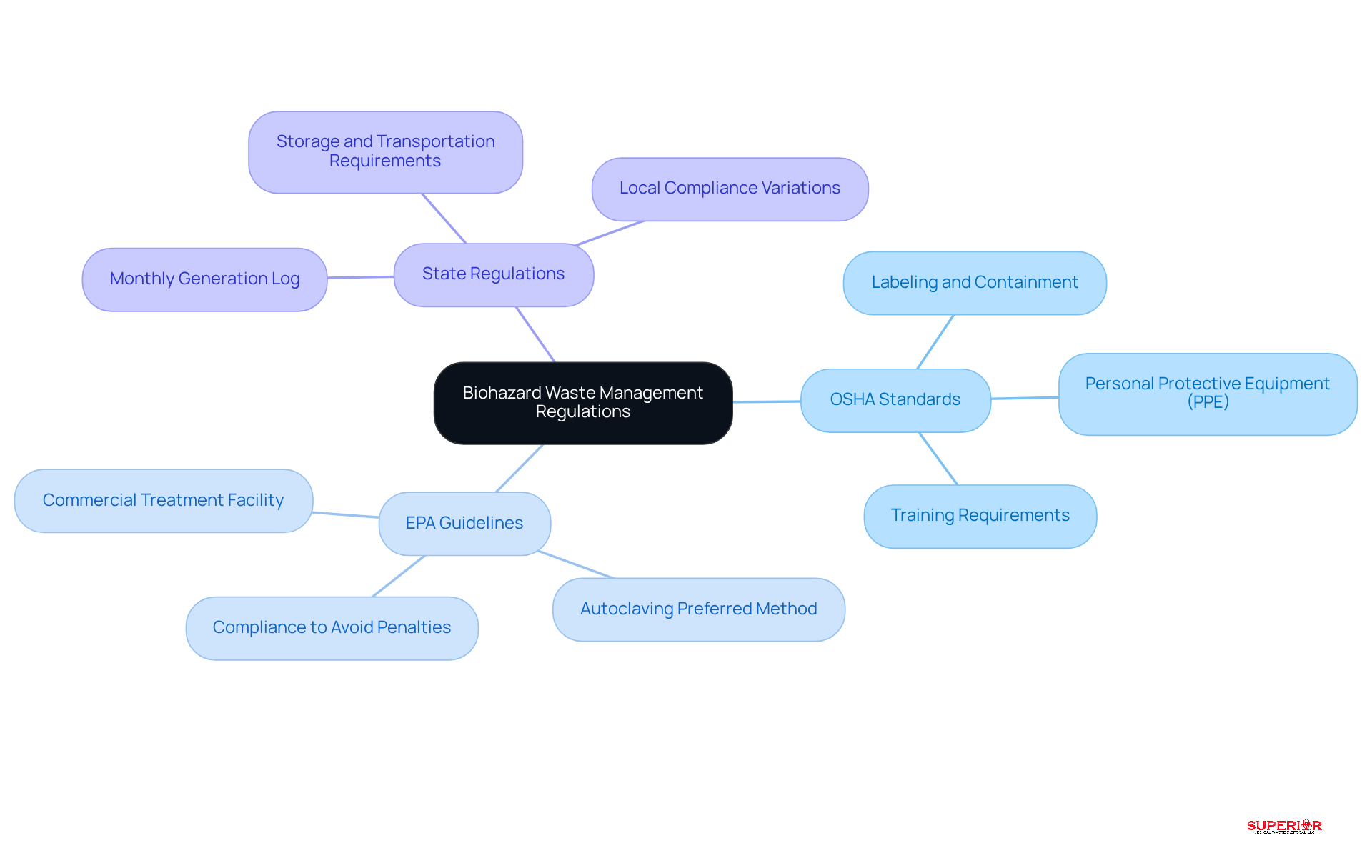 The central node represents the overall topic, while the branches show different regulatory bodies and their specific requirements. Each color-coded branch helps you quickly identify the source of the regulations.