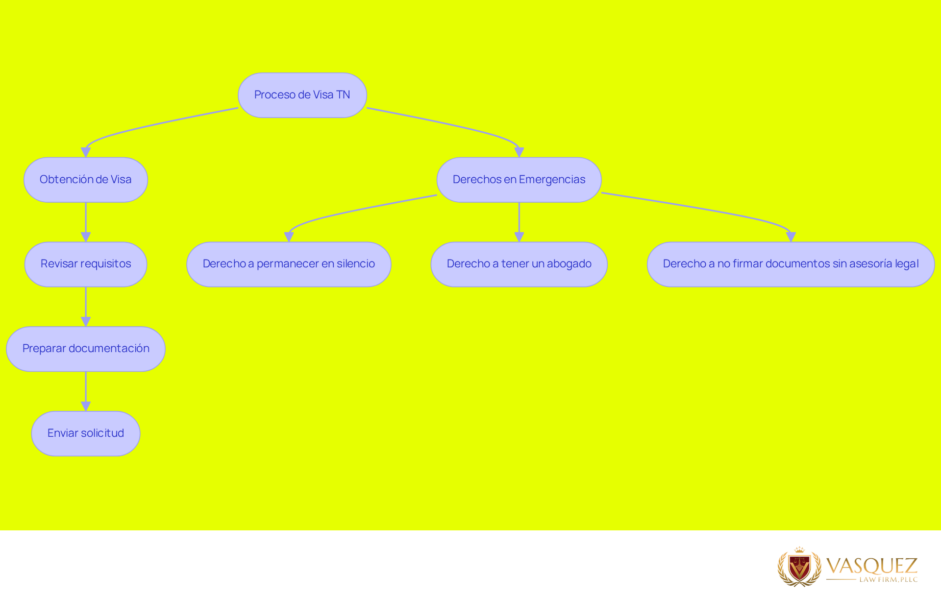 Este diagrama muestra los pasos para obtener una visa TN y qué hacer en caso de emergencias. Sigue las flechas para entender el proceso y tus derechos.