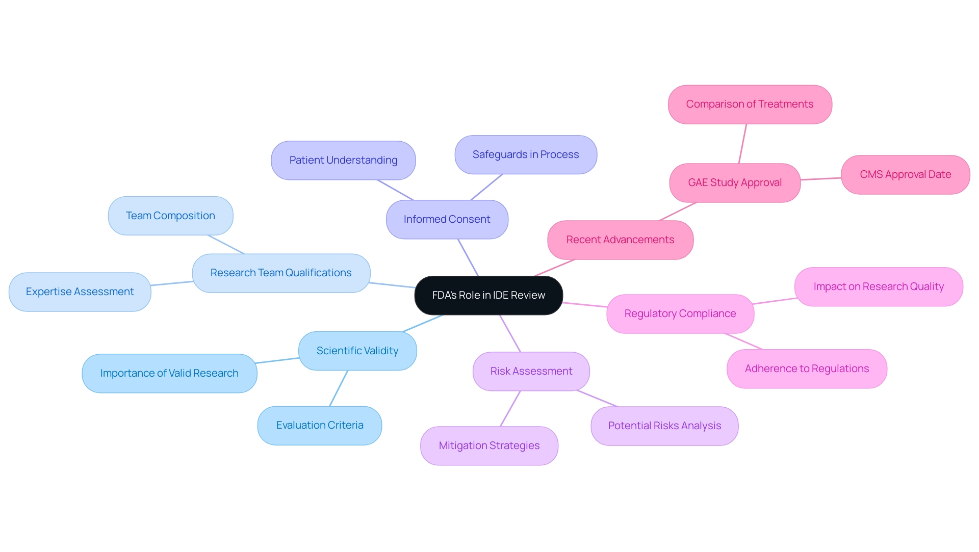 The central node represents the FDA's role, with branches indicating key areas of evaluation and their respective details.