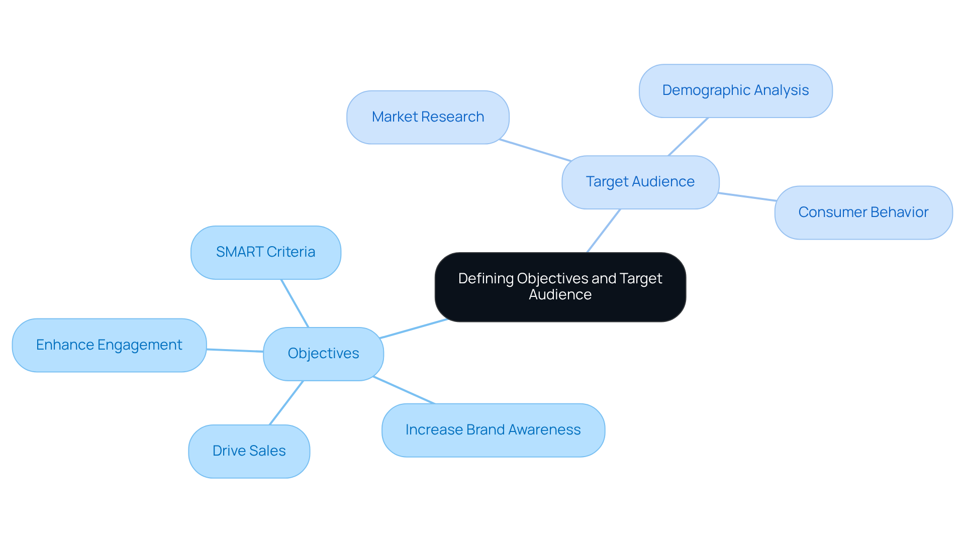 The central node represents the main focus of the project. The branches show the key areas to consider: objectives and audience. Each sub-branch provides specific strategies or examples to help guide your video project effectively.