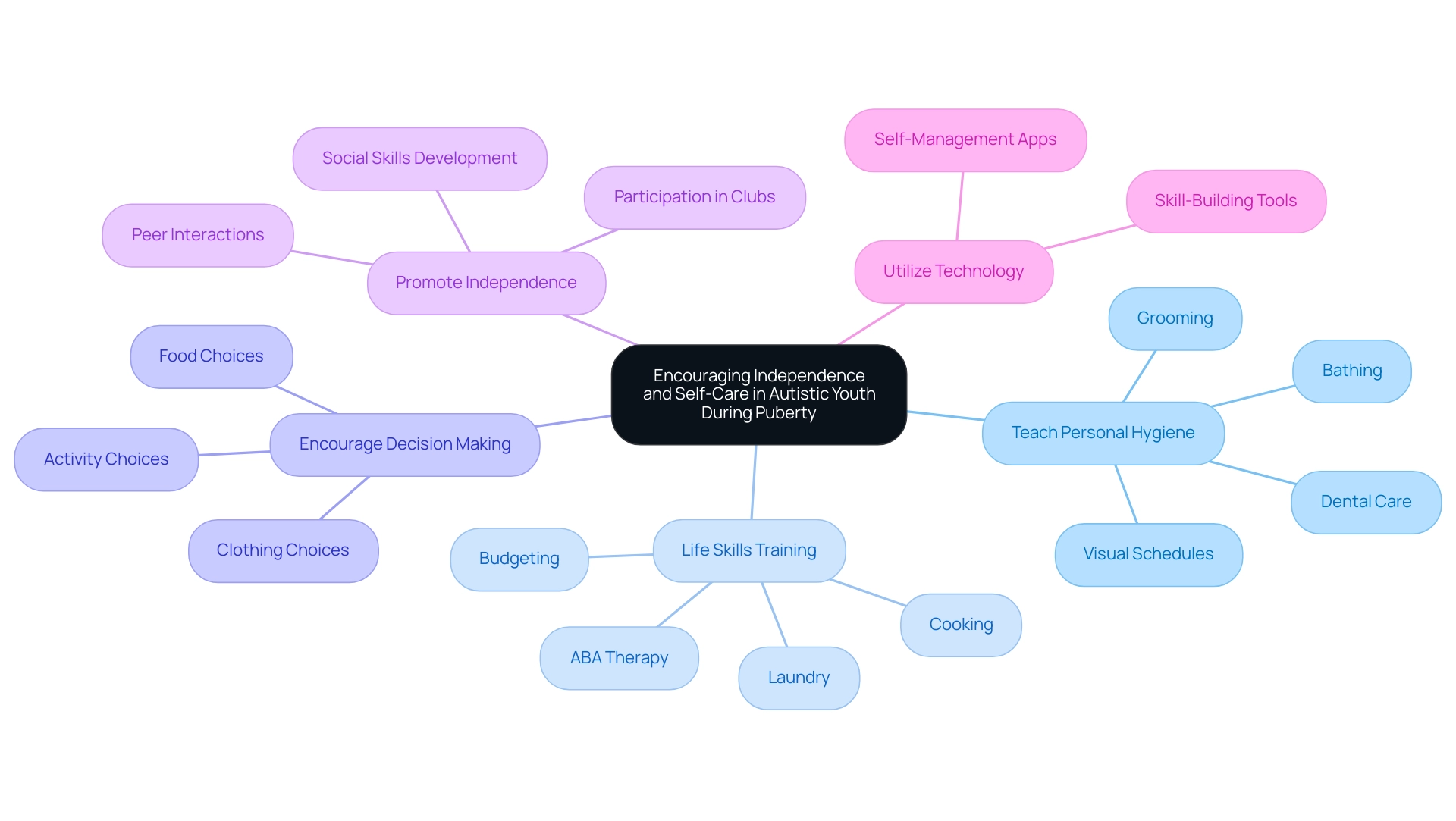 The central node represents the overall theme, with branches showing the five key strategies and their respective subcategories.