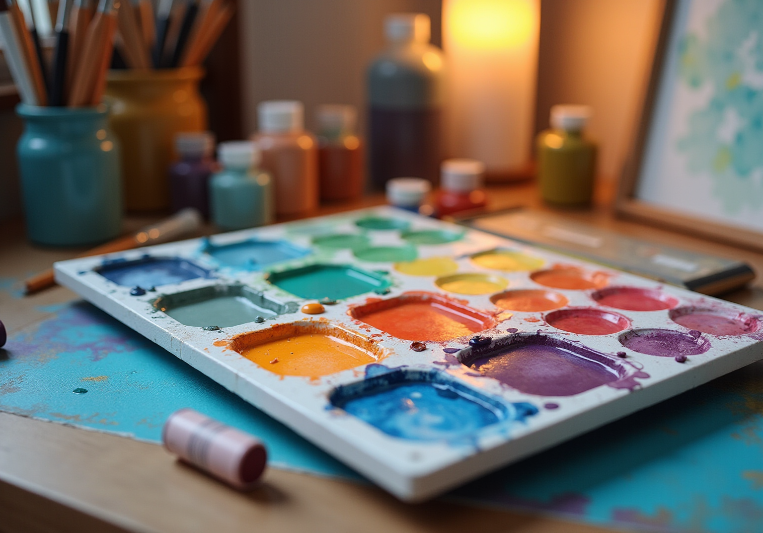 Mijello Airtight Palette in an Artistic Workspace Mijello Airtight Palette in an Artistic Workspace